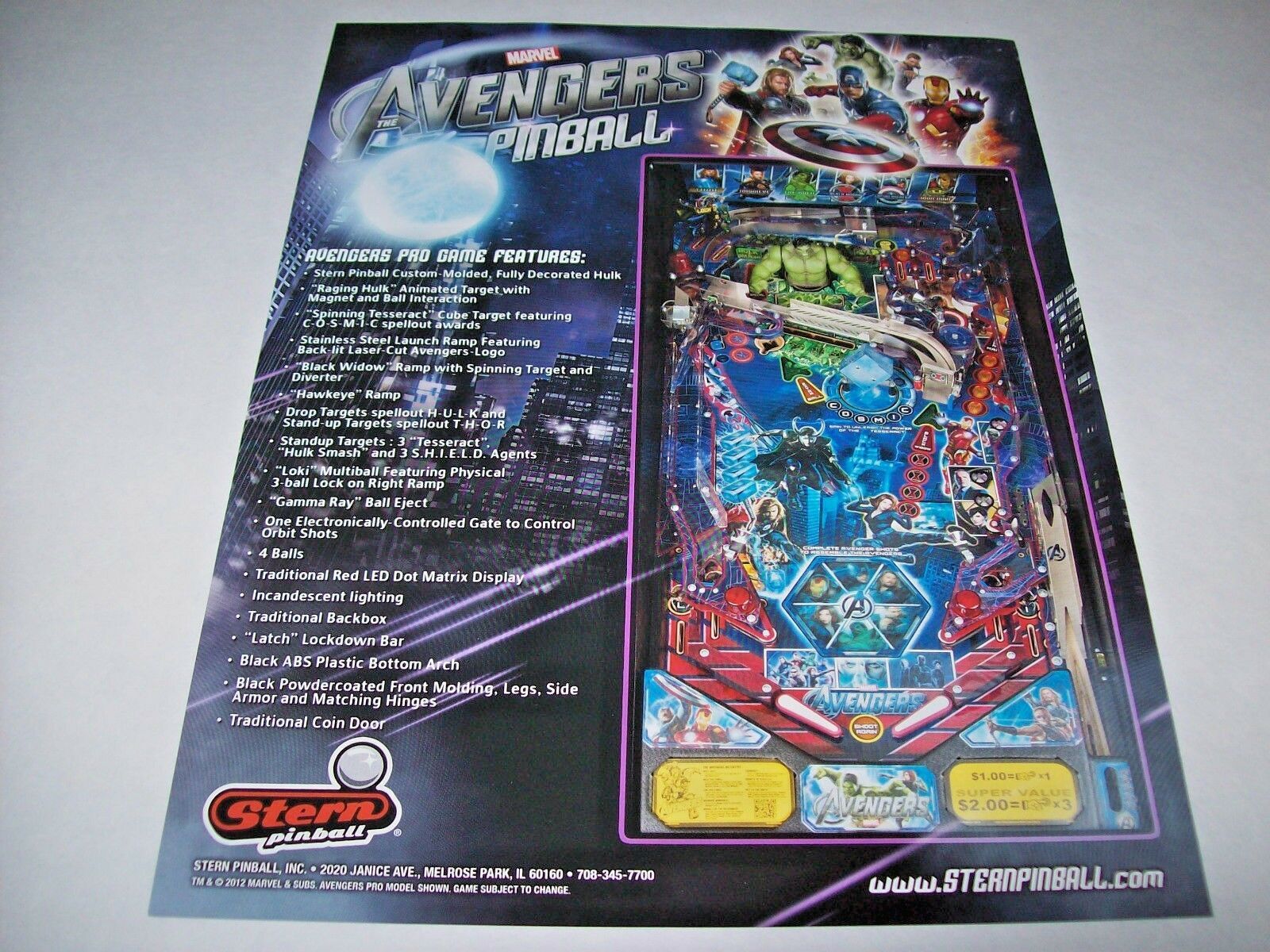 Avengers Pinball FLYER Captain America Thor Black Widow Hulk Marvel ...