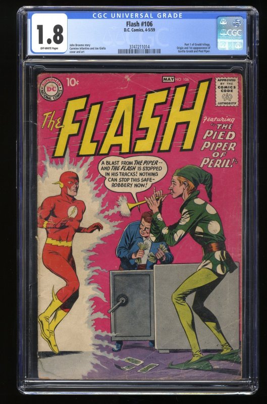 Flash #106 CGC GD- 1.8 1st Appearance Gorilla Grodd! Pied Piper of ...