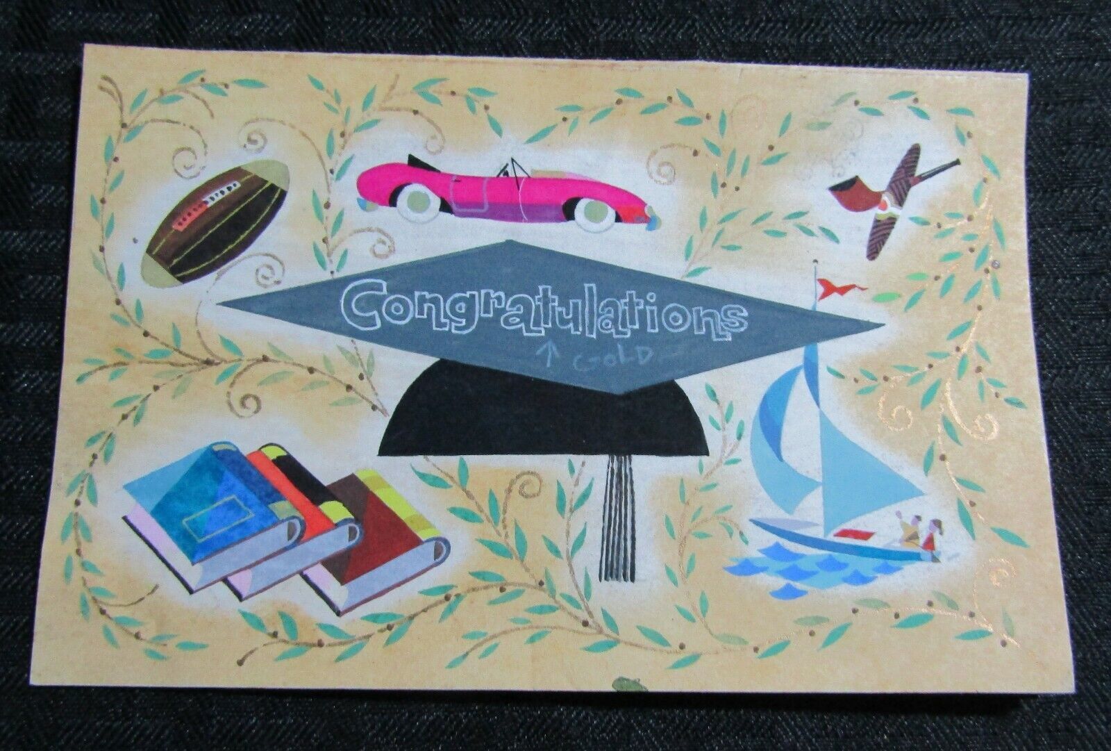 GRADUATION CAP w/ Football Car Cigar Boat & Books 6.5x4" Greeting Card ...
