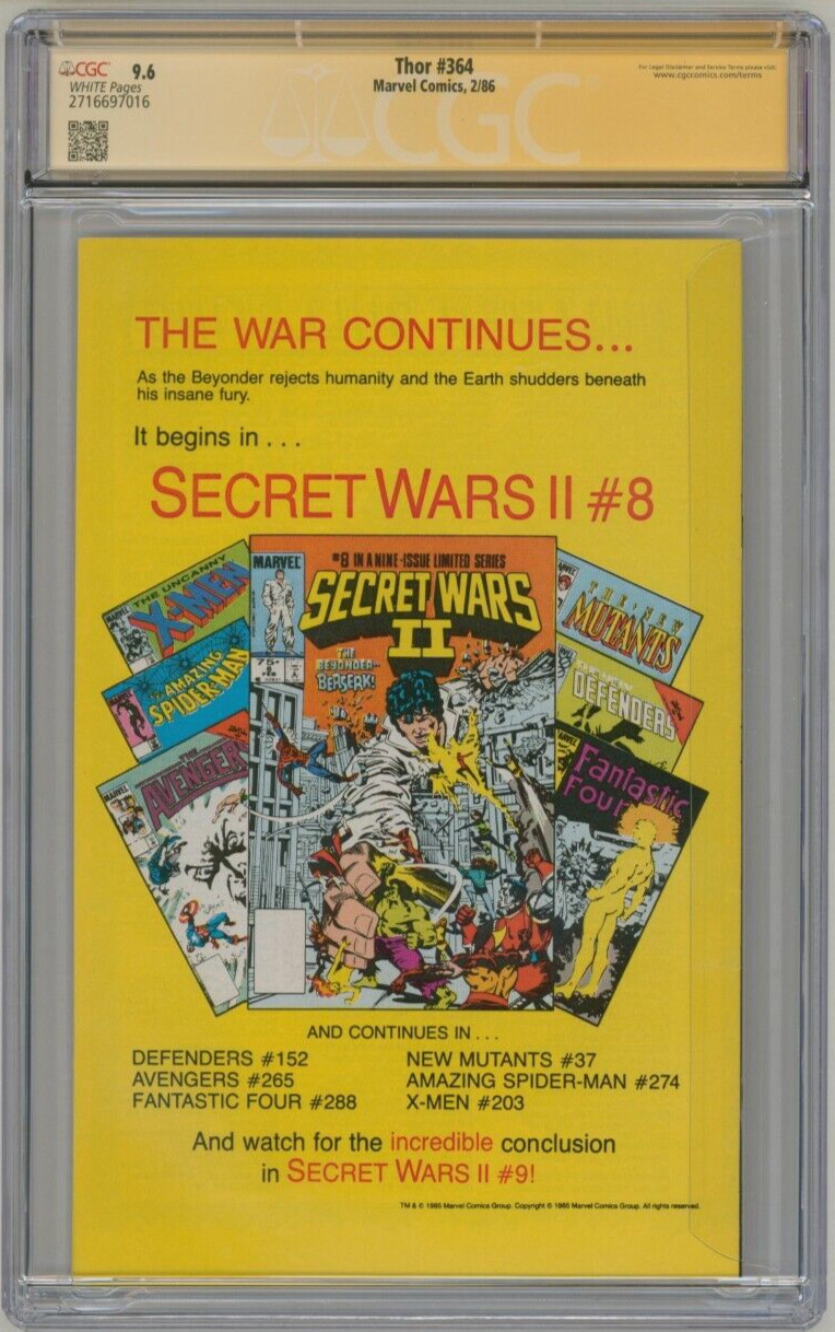 Thor #364 CGC SS 9.6 SIGNED Walt Simonson Cover Story & Art 1st Throg ...