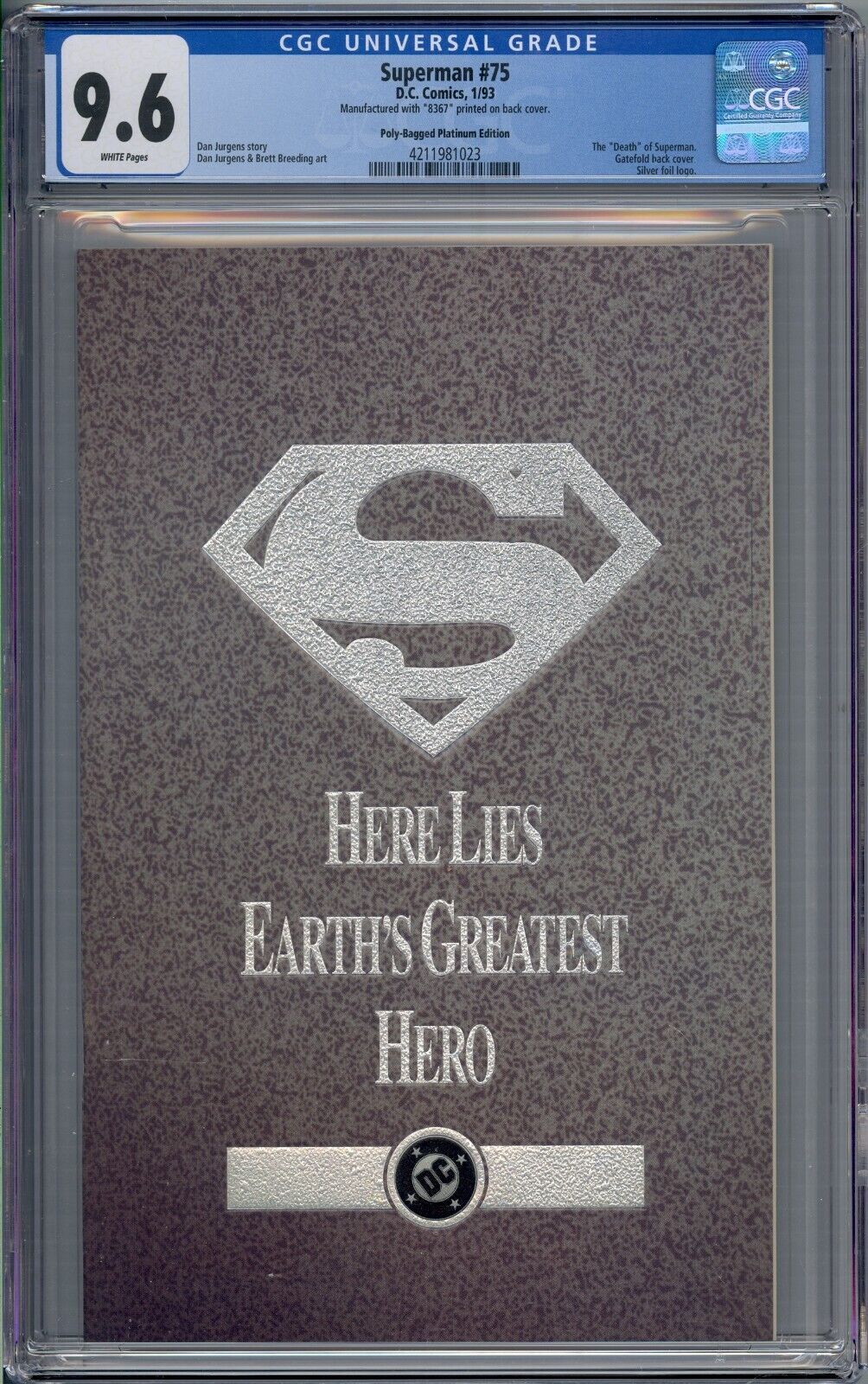 Superman #75 CGC 9.6 Poly-Bagged Platinum Edition White Pages 8367 ...