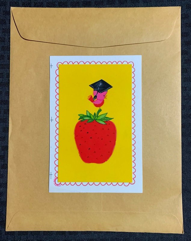 GRADUATION Cute Bird in Cap on Strawberry 4.5x7" Greeting Card Art #G ...