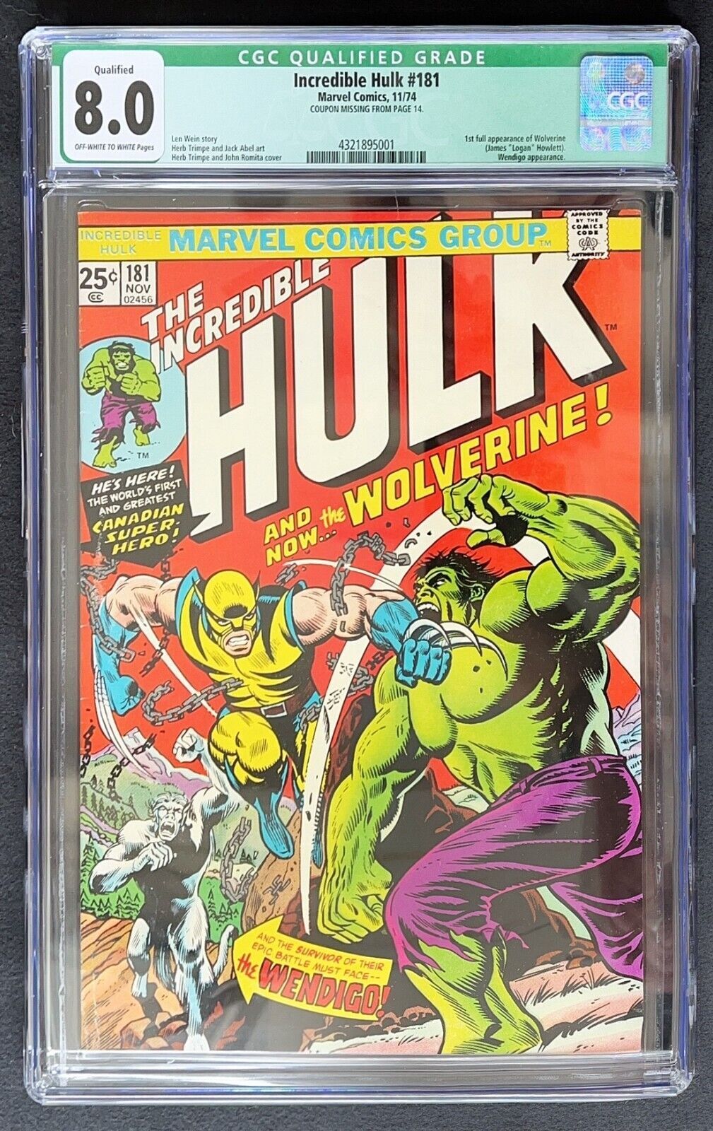 Incredible Hulk #181 Marvel 1974 CGC 8.0 Qualified | Comic Books ...