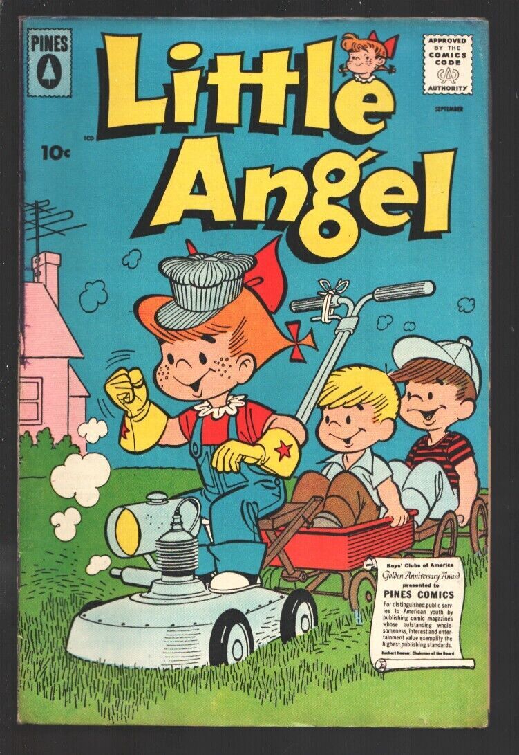 Little Angel #16 1957-Pines-Angel uses a lawn mower to pull her pals in ...
