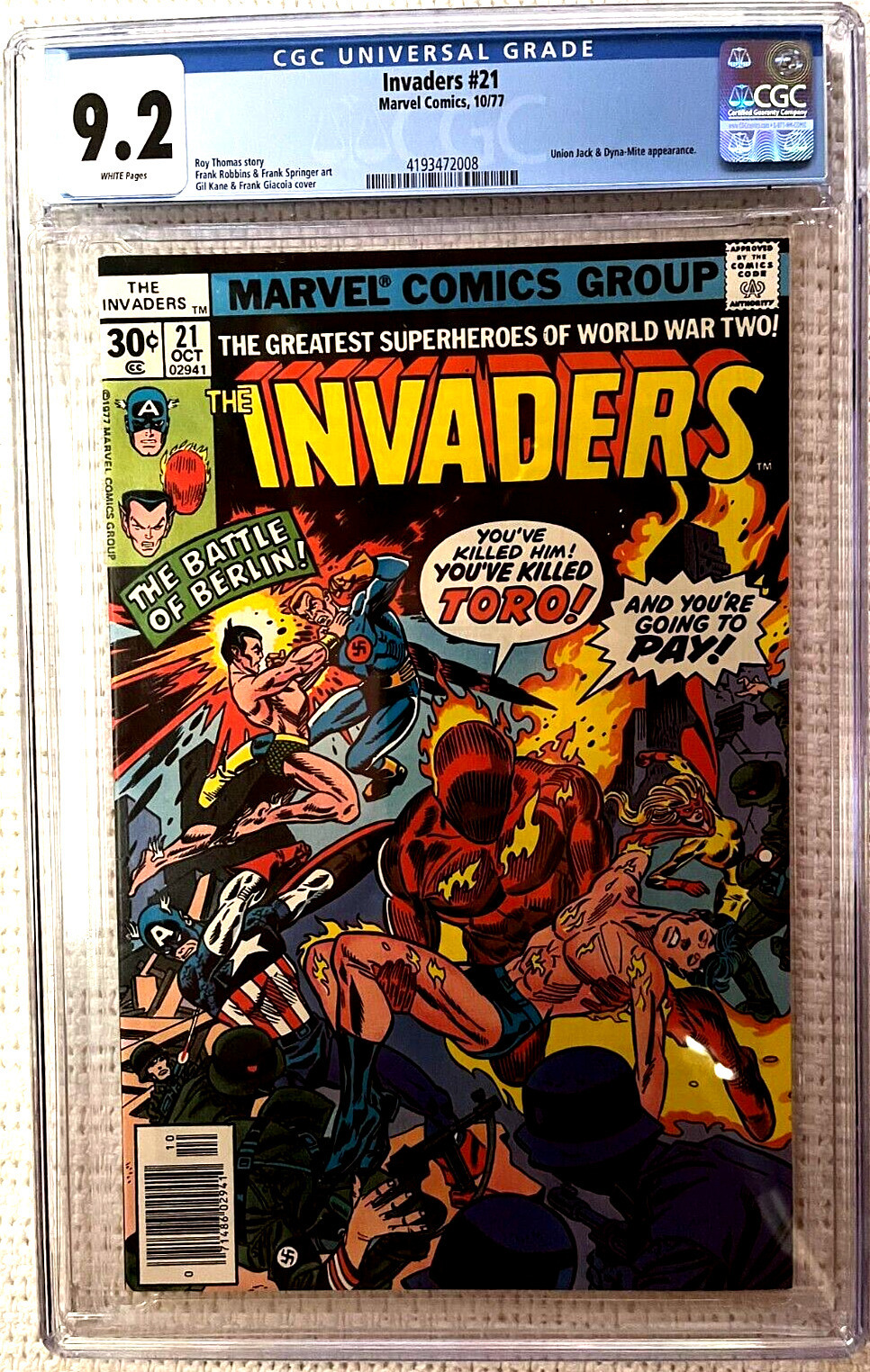 Marvel the Invaders #21 GIL Kane Cover Union Jack & Dyna-Mite CGC 9.2 ...