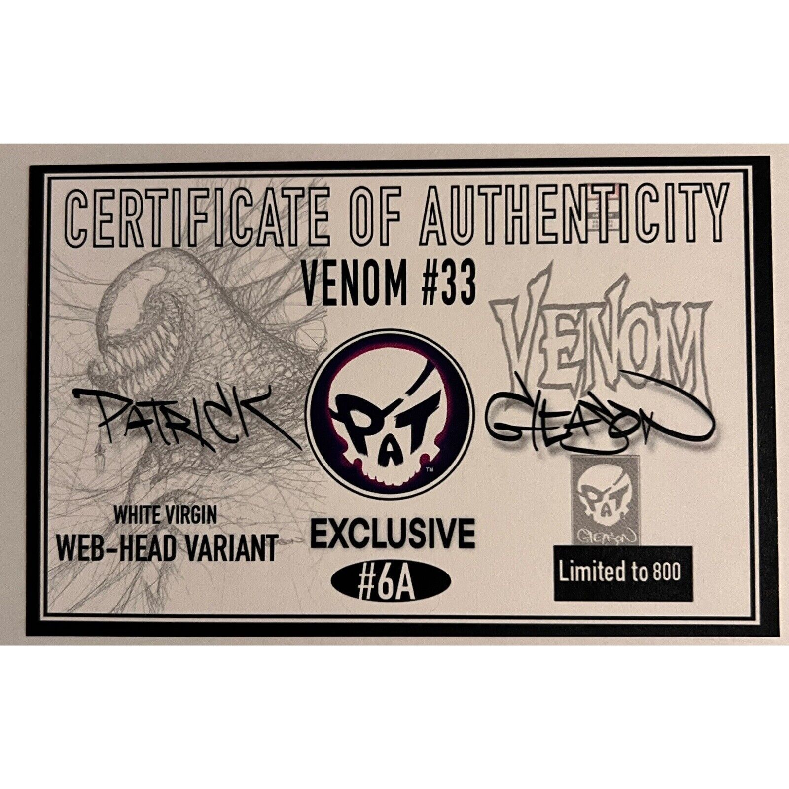 Marvel Comics Venom #33 Gleason Sketch Virgin?COA Limited To 800. NM ...