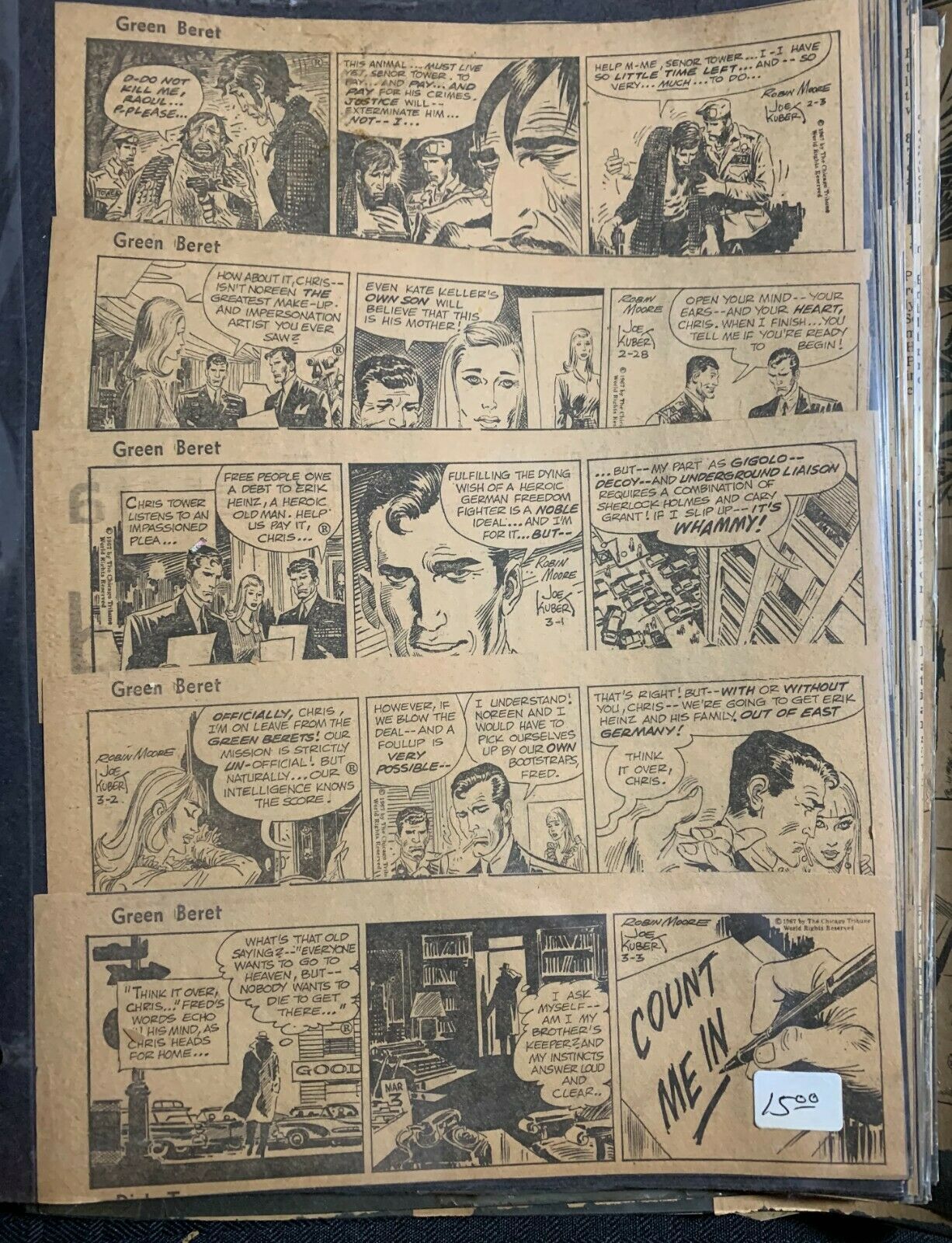 1967 GREEN BERET by Joe Kubert 7.5x2.5" Clipped Comic Strip LOT of 55 ...