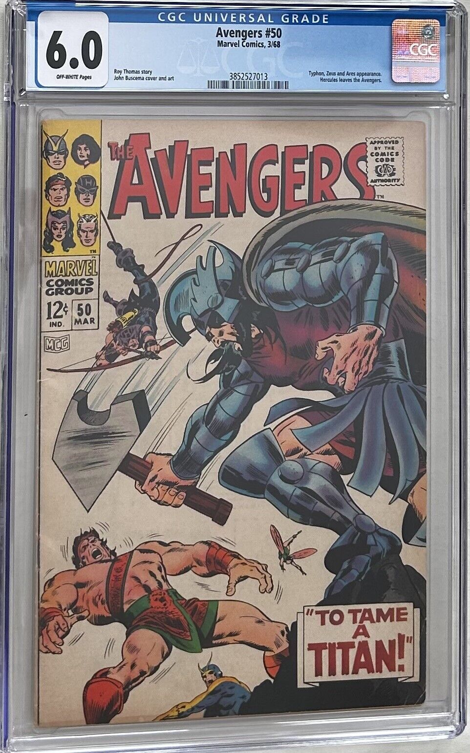 Avengers #50 Hercules leaves Roy Thomas & John Buscema CGC 6.0 OW Pages ...