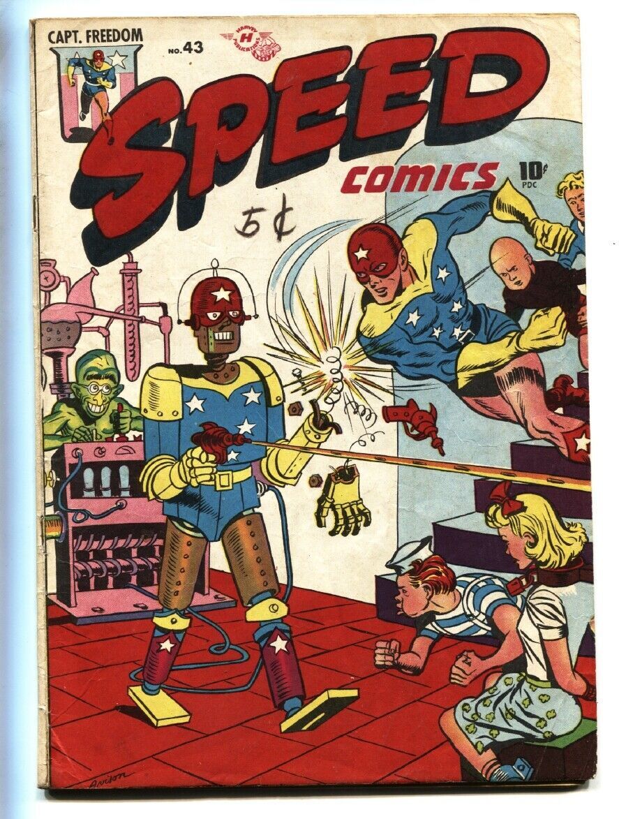 Speed #43 1947-ROBOT COVER-Harvey-late issue-Capt Freedom-Blonde Bomber ...