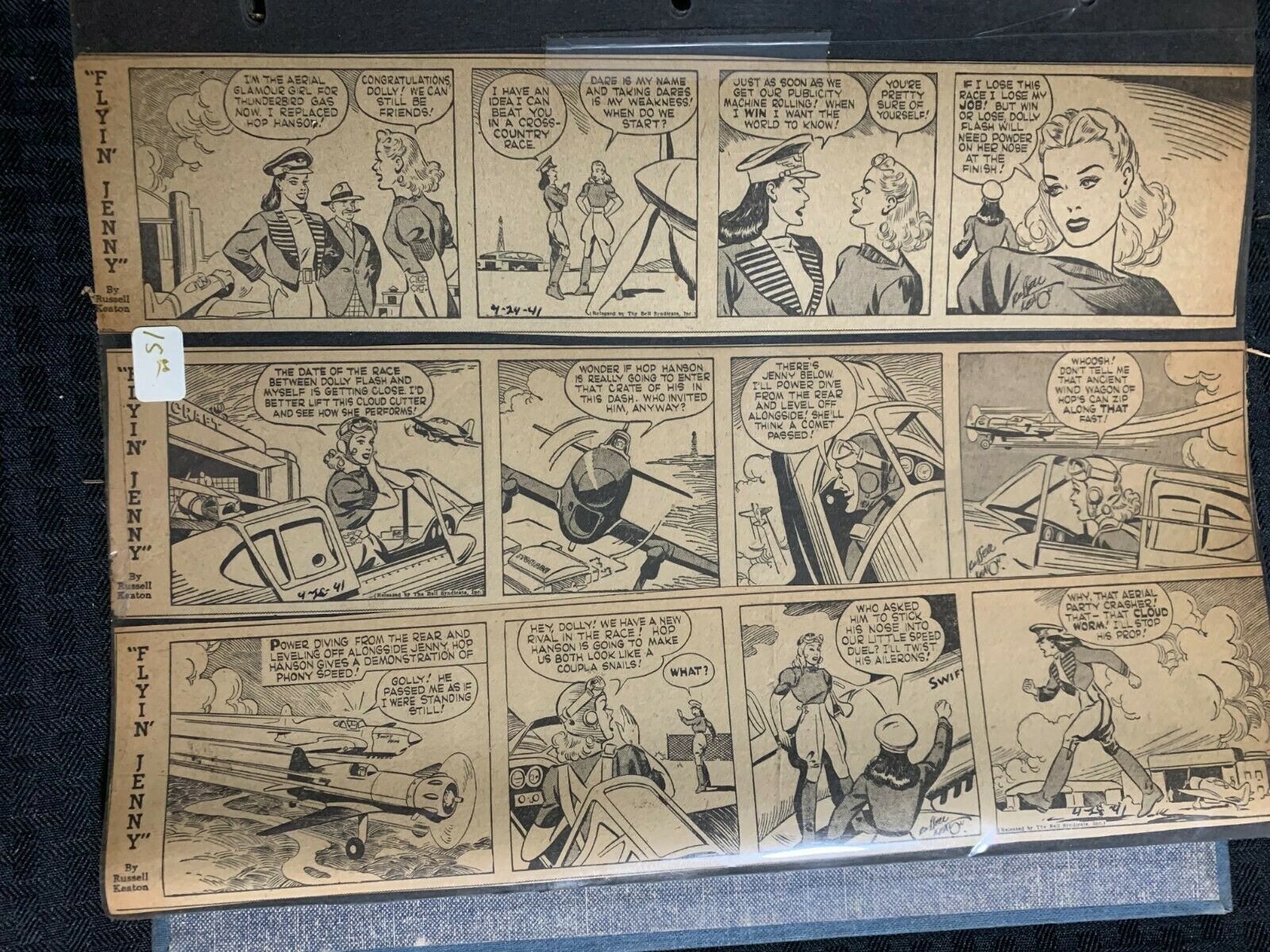 1941 FLYIN JENNY by Russell Keaton 12x3" Clipped Comic Strip LOT D of ...