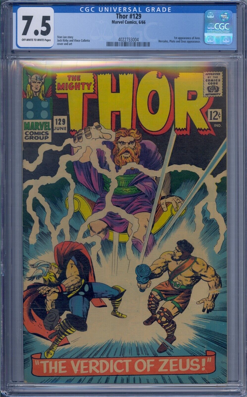 Thor #129 CGC 7.5 1st Ares Hercules Pluto Zeus Jack Kirby ...