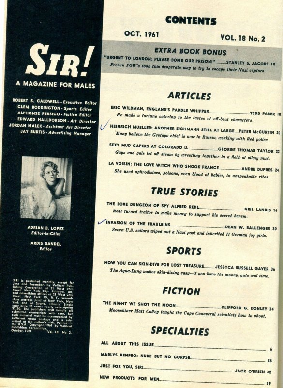 Sir! Magazine October 1961- Heinrich Mueller- Whipping- Marlys Renfro ...