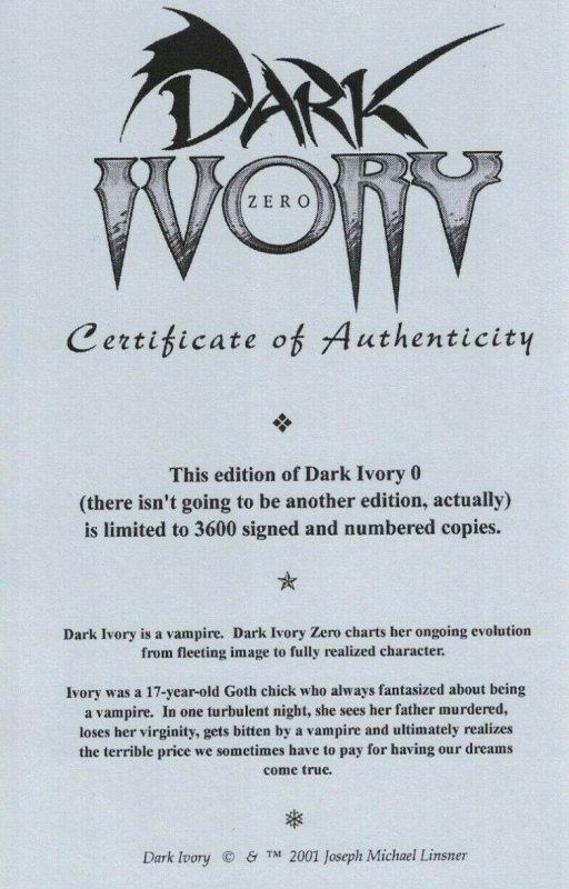 Dark Ivory #0 VF/NM signed/numbered by Joe Linsner with COA (#689 of ...