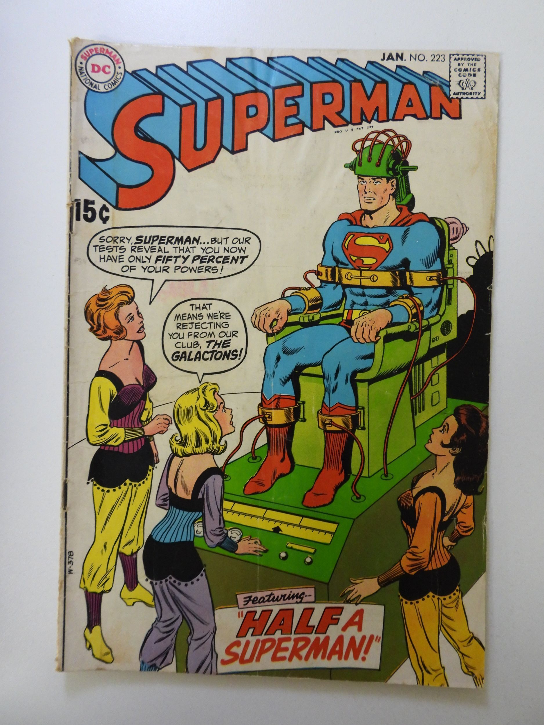 Superman #223 VG- condition "stain front cover, 1/2" spine split ...