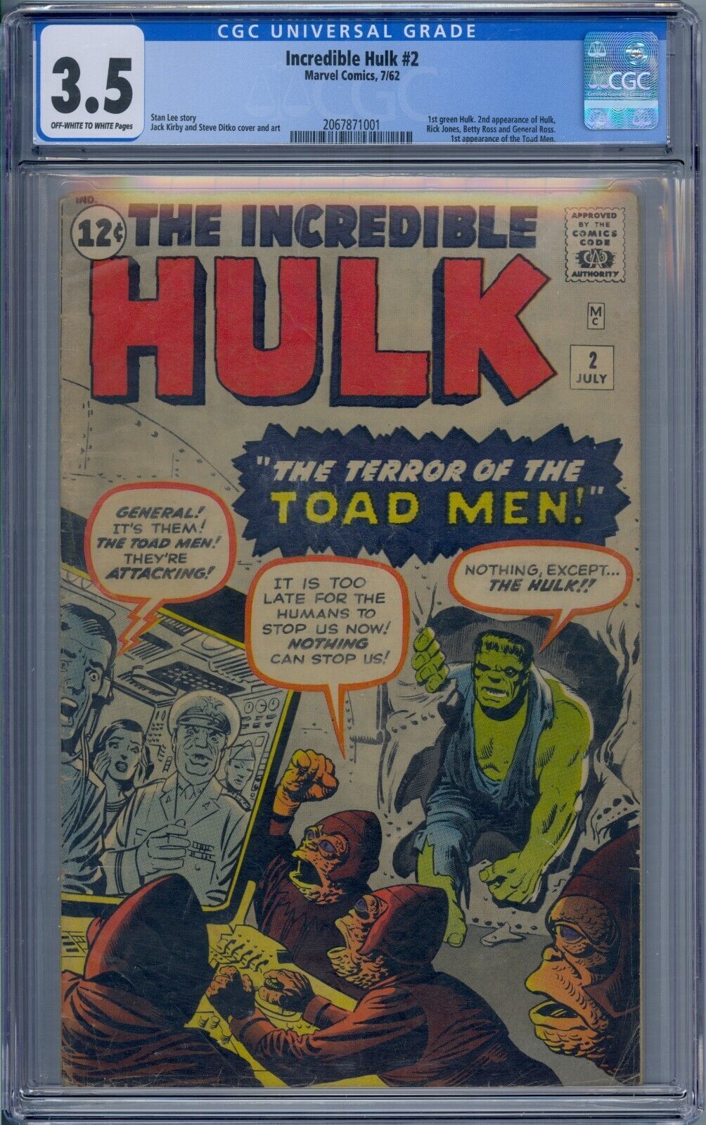 Incredible Hulk #2 CGC 3.5 1st Green Hulk Toad MEN 2nd Hulk Jack Kirby ...