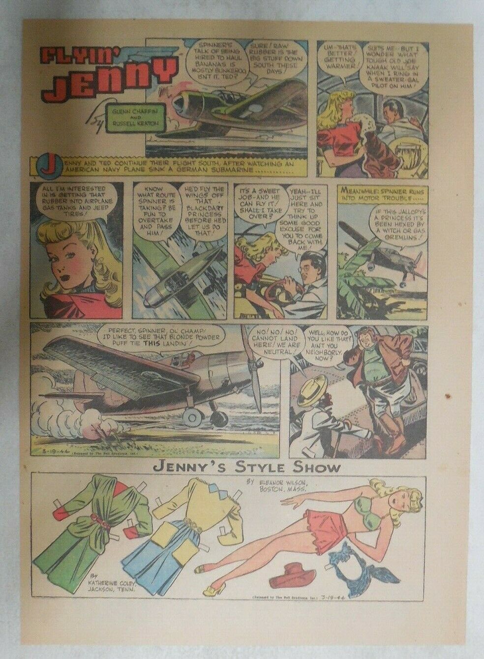 Flying Jenny Sunday Page + Paper Doll by Gladys Parker 3/19/1944 11 x ...