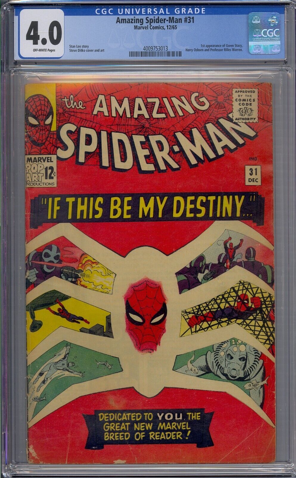 Amazing Spider-Man #31 CGC 4.0 1st Gwen Stacy Harry Osborn Prof Miles ...