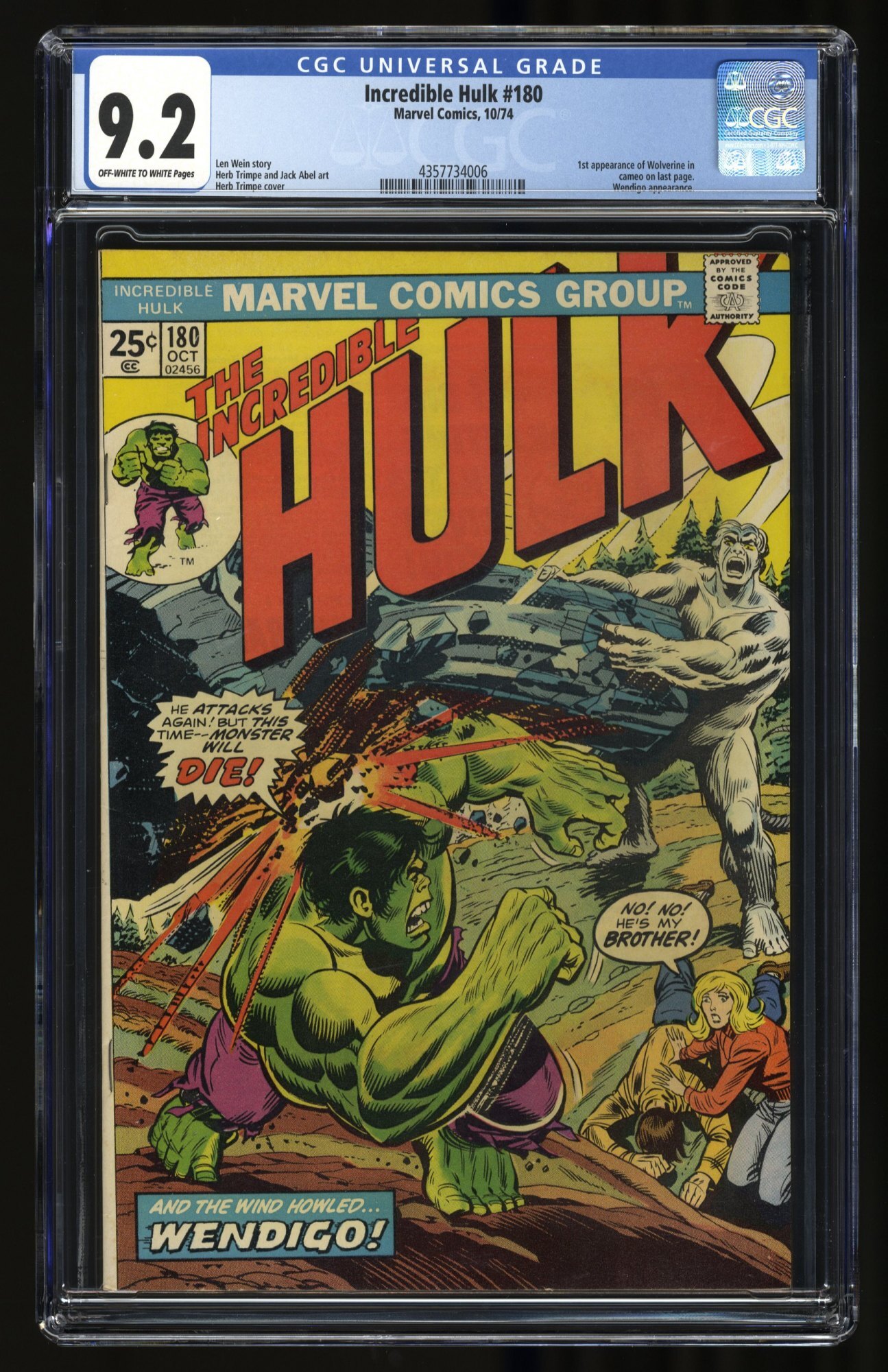 Incredible Hulk #180 CGC NM- 9.2 1st Cameo Appearance Wolverine ...