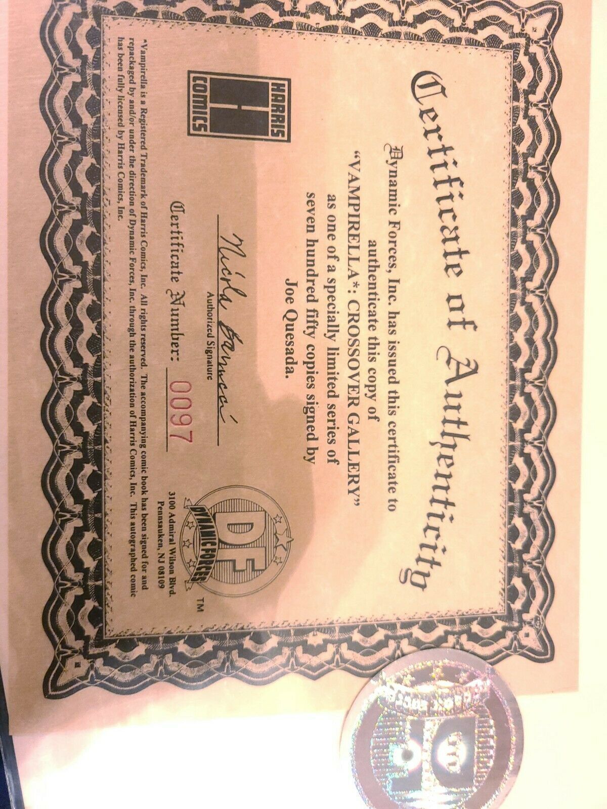 Signed Vampirella Crossover Gallery Painkiller Jane CoA Joe Quesada 97/ ...