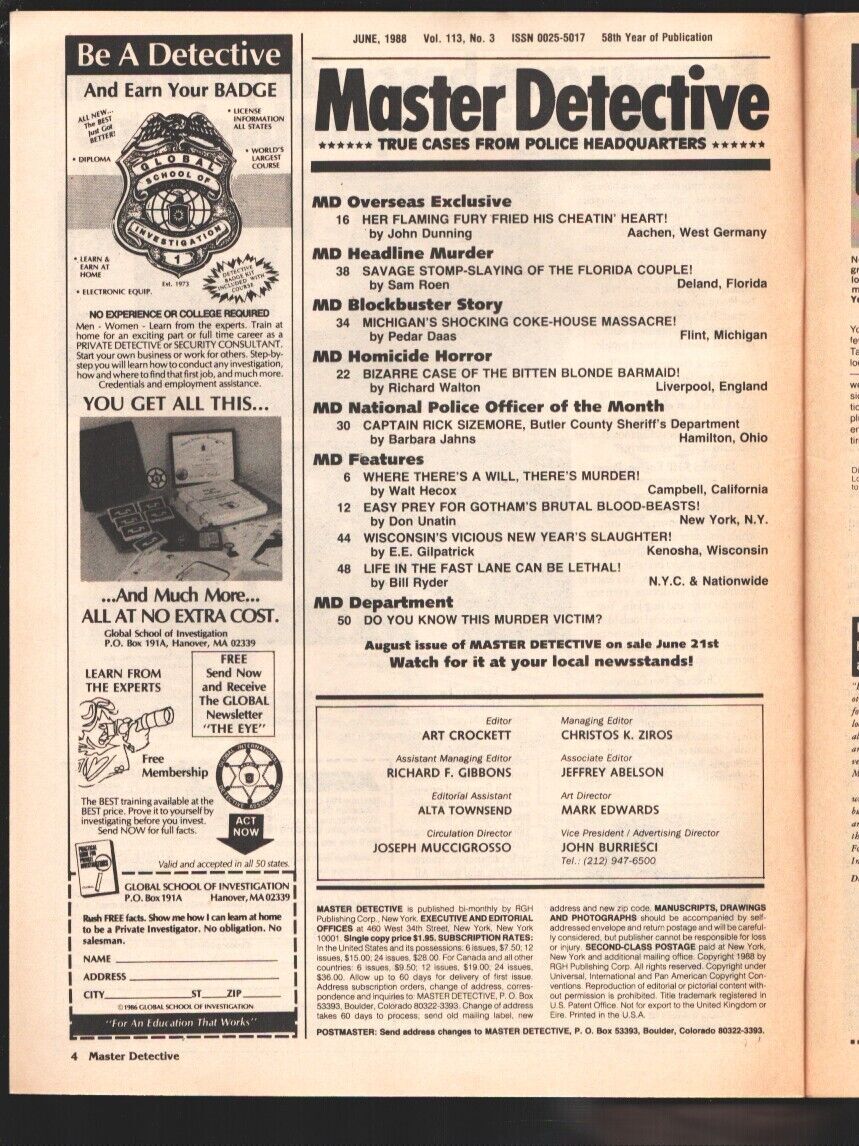 Master Detective 6/1988-Spicy babe & cop cover-Coke-House Massacre the ...