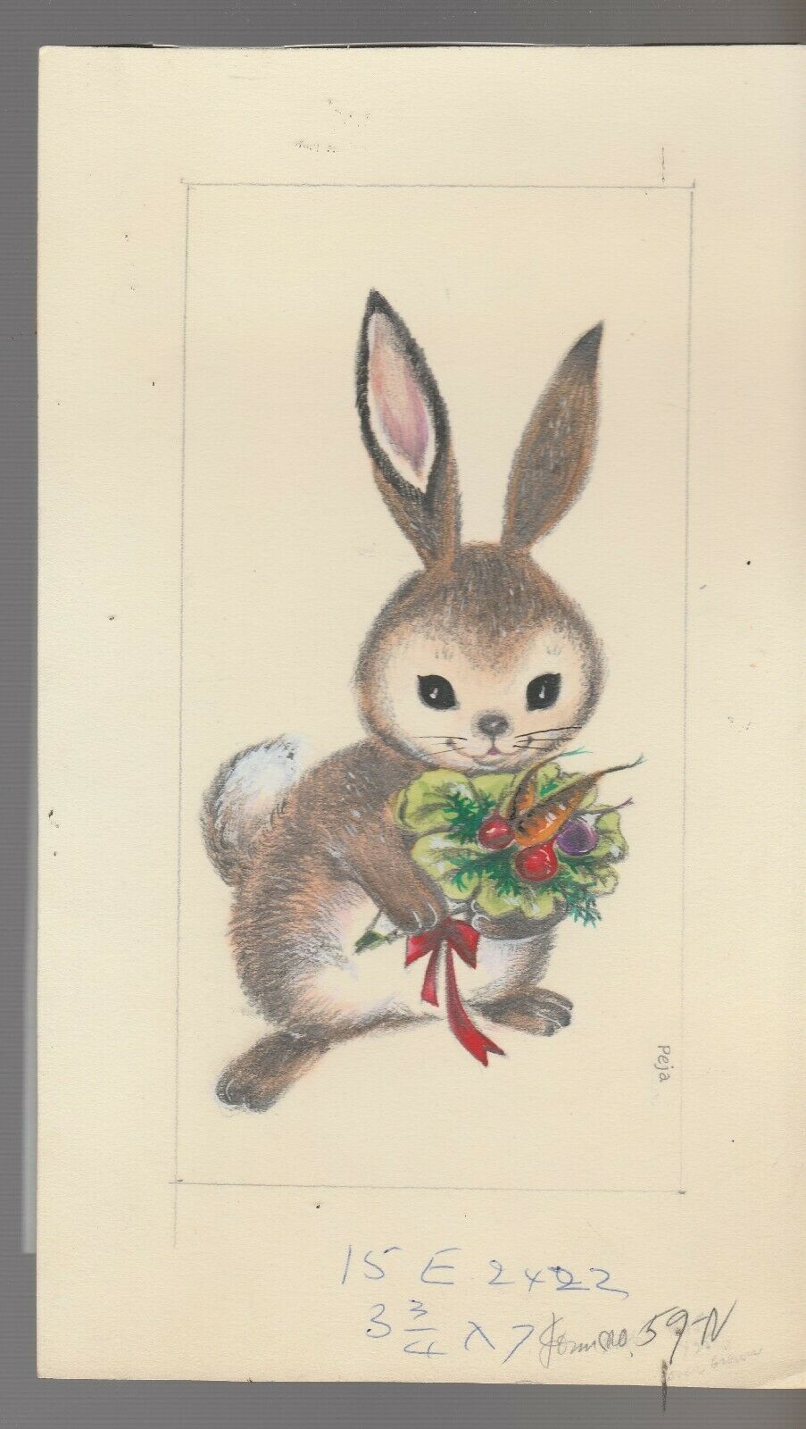 EASTER Cute Bunny w/ Carrots Lettuce & Turnips 6x10" Greeting Card Art ...
