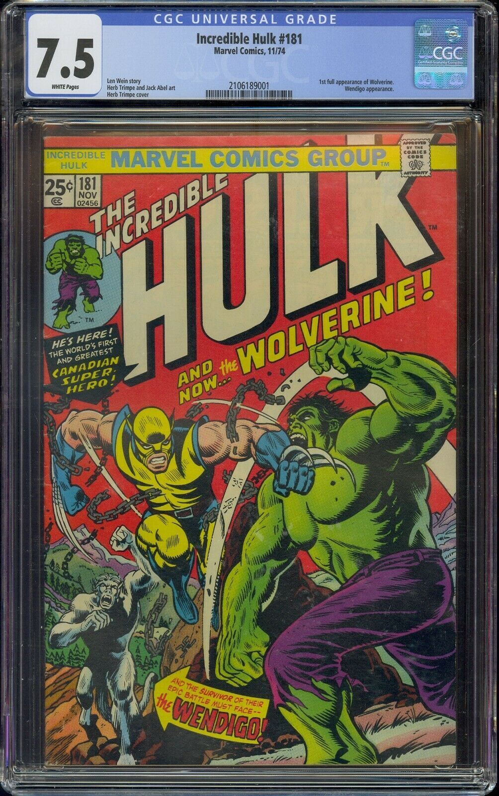 Incredible Hulk #181 CGC 7.5 1st Wolverine White Pages 9001 | Comic ...