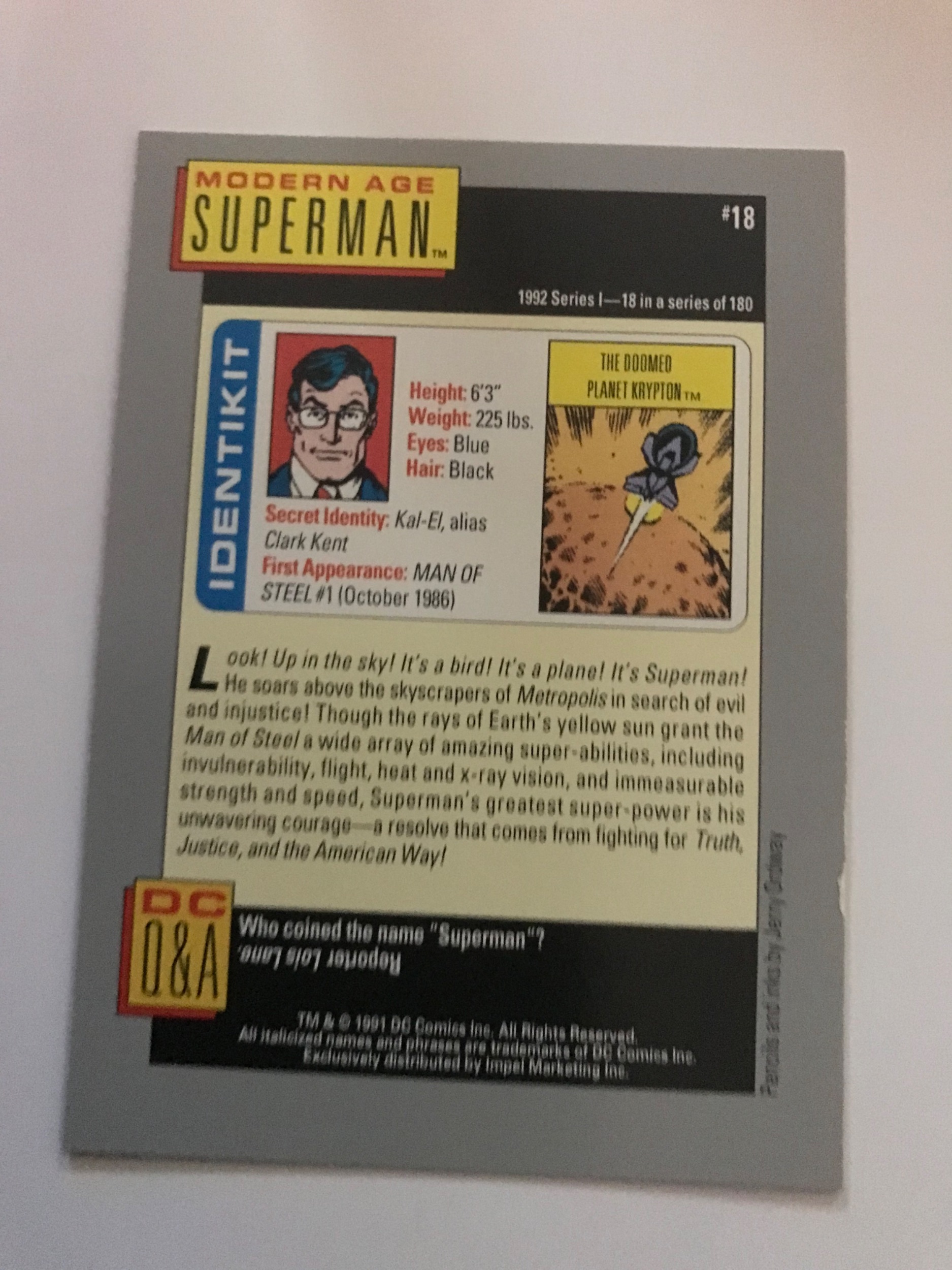 Modern SUPERMAN #18 card : 1992 DC Universe Series 1, NM/M, Impel, J ...