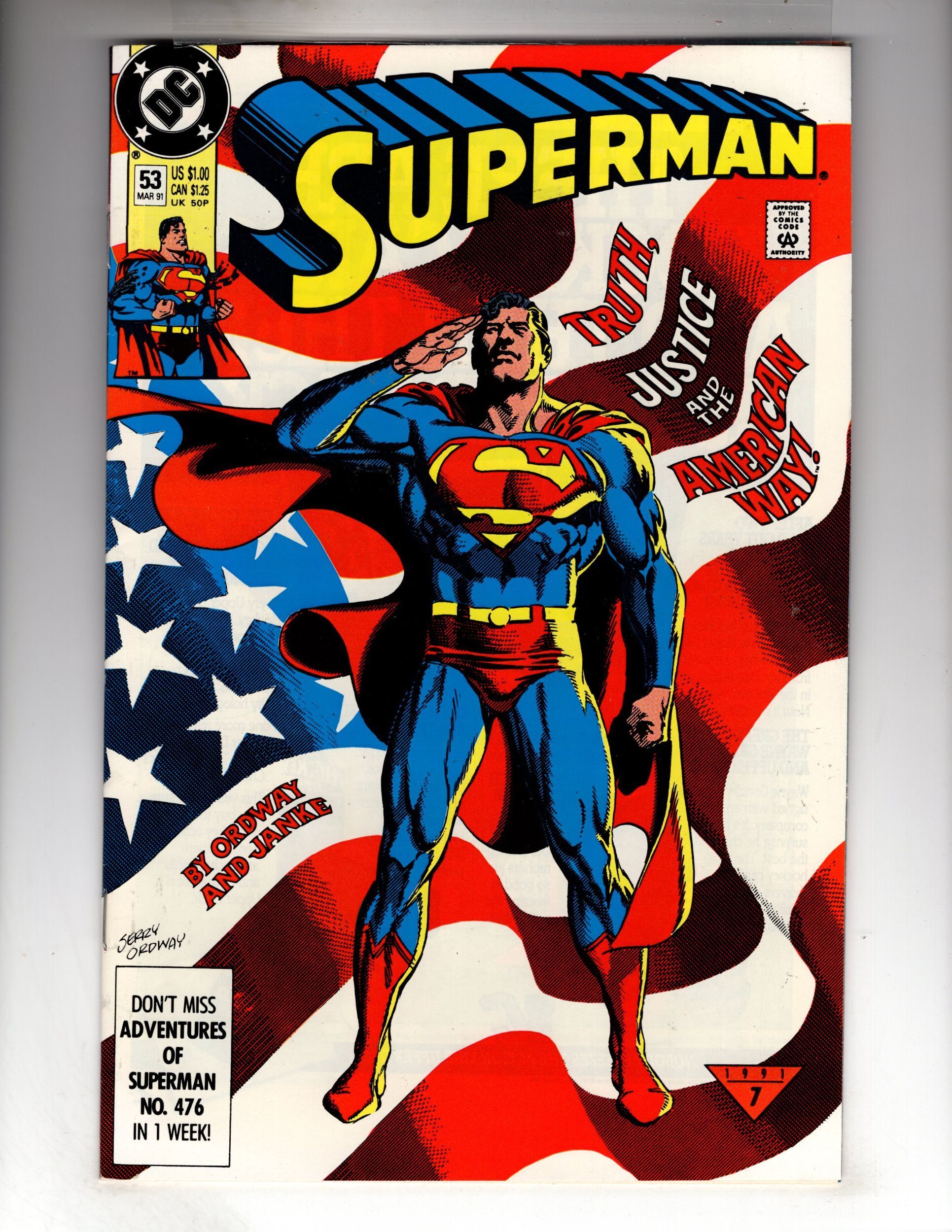 Superman #53 (1991) AMERICAN FLAG Cover! Jerry Ordway! / EBI#1 | Comic ...