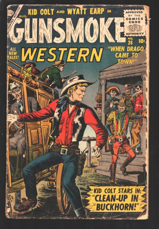 Gunsmoke Western #36 1956--Joe Maneely cover art-Kid Colt-Wyatt Earp ...
