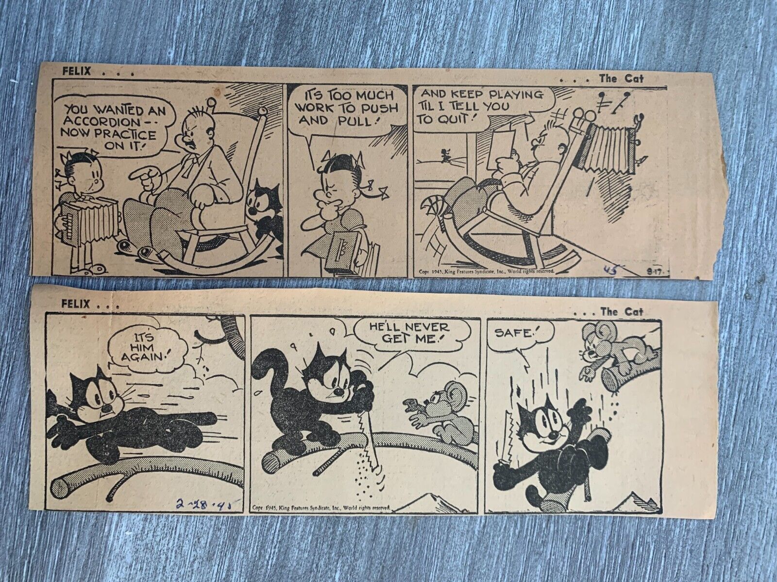 1940's FELIX THE CAT Clipped 8x2.5" Daily Comic Strip LOT of 7 VG/VG+ ...