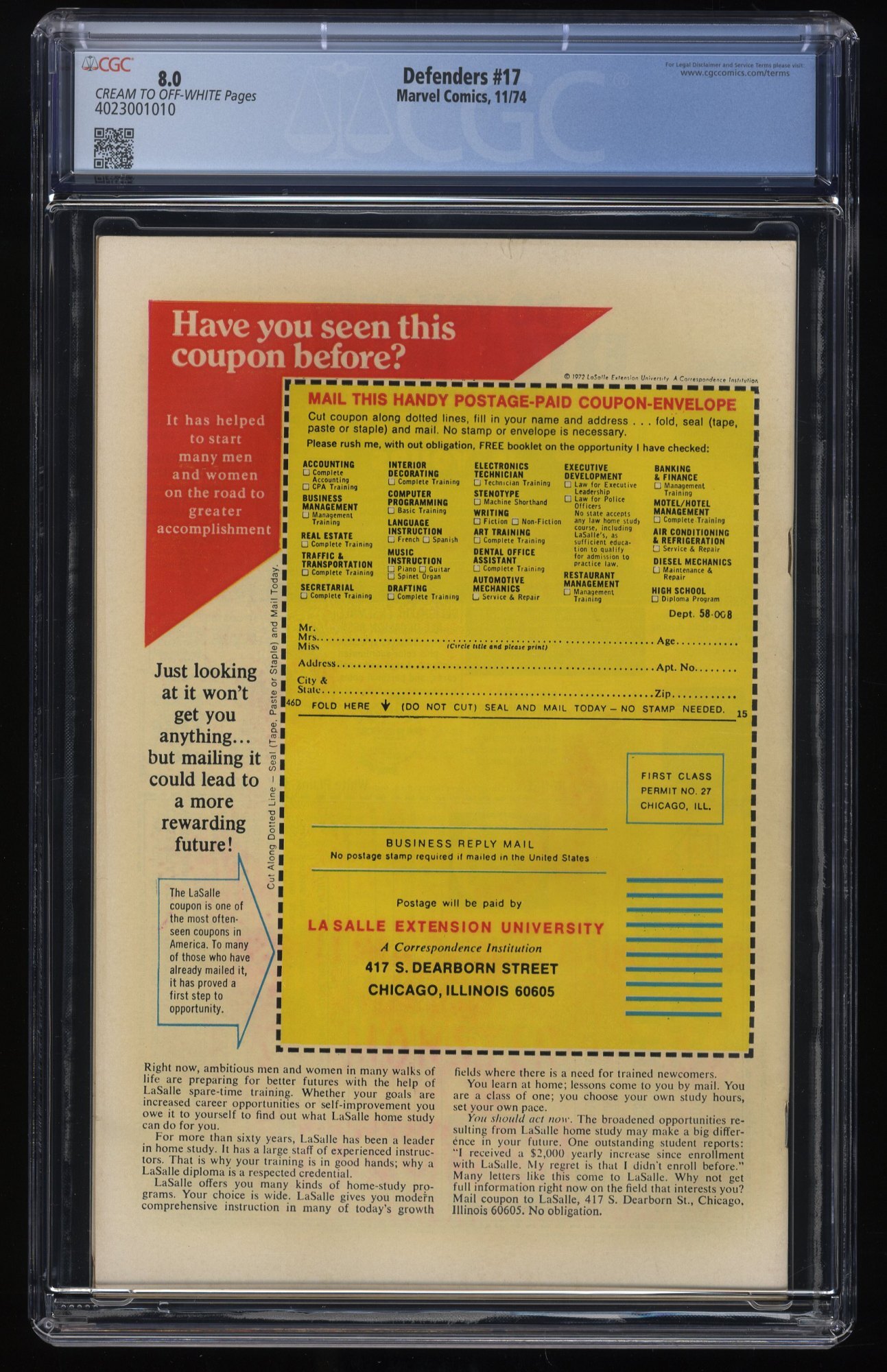 Defenders #17 CGC VF 8.0 Hulk Dr. Strange Luke Cage 1st Wrecking Crew ...