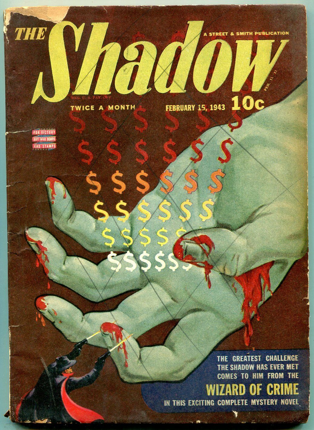 The Shadow Pulp February 15 1943- Wizard of Crime- Bloody Hand cover g ...