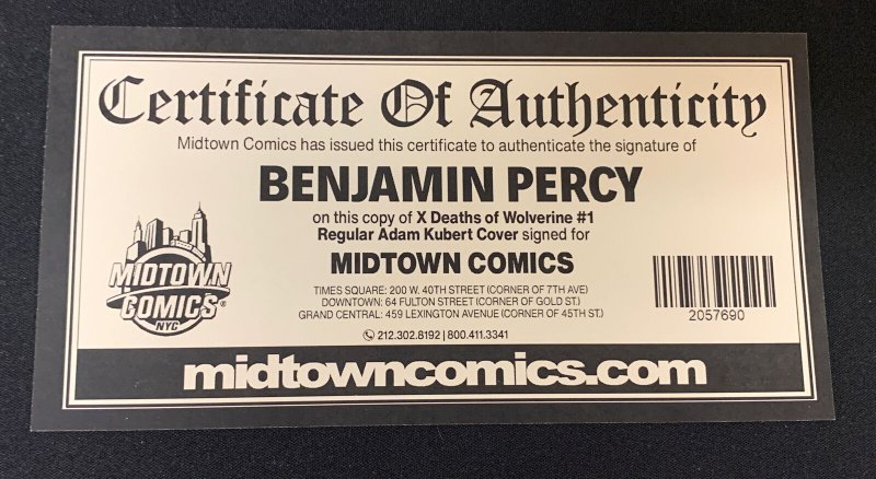 X Deaths of Wolverine #1 signed by Ben Percy w/COA from Midtown Comics ...