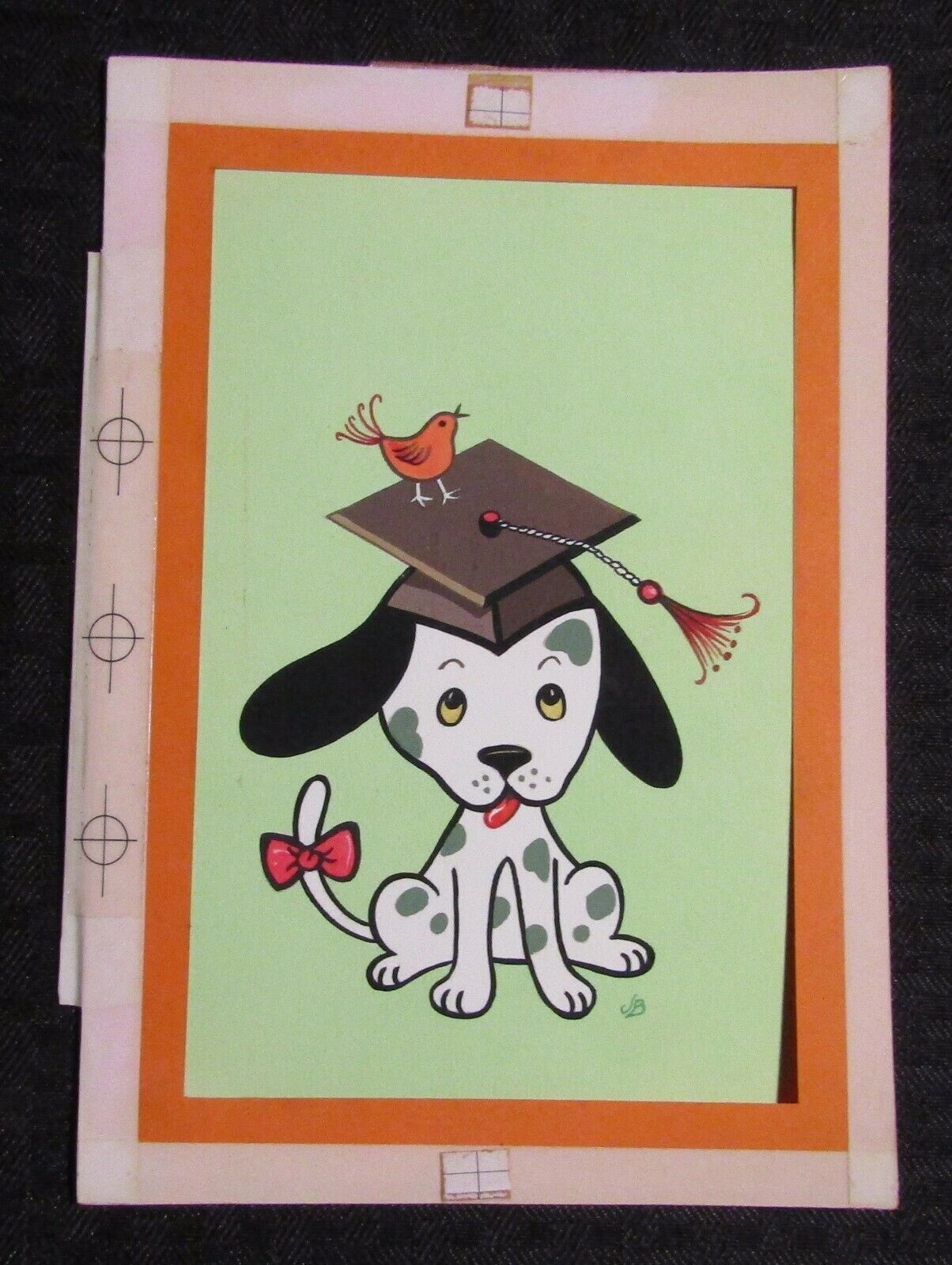 GRADUATION Cartoon White Dog in Cap with Bird 5.5x8" Greeting Card Art ...