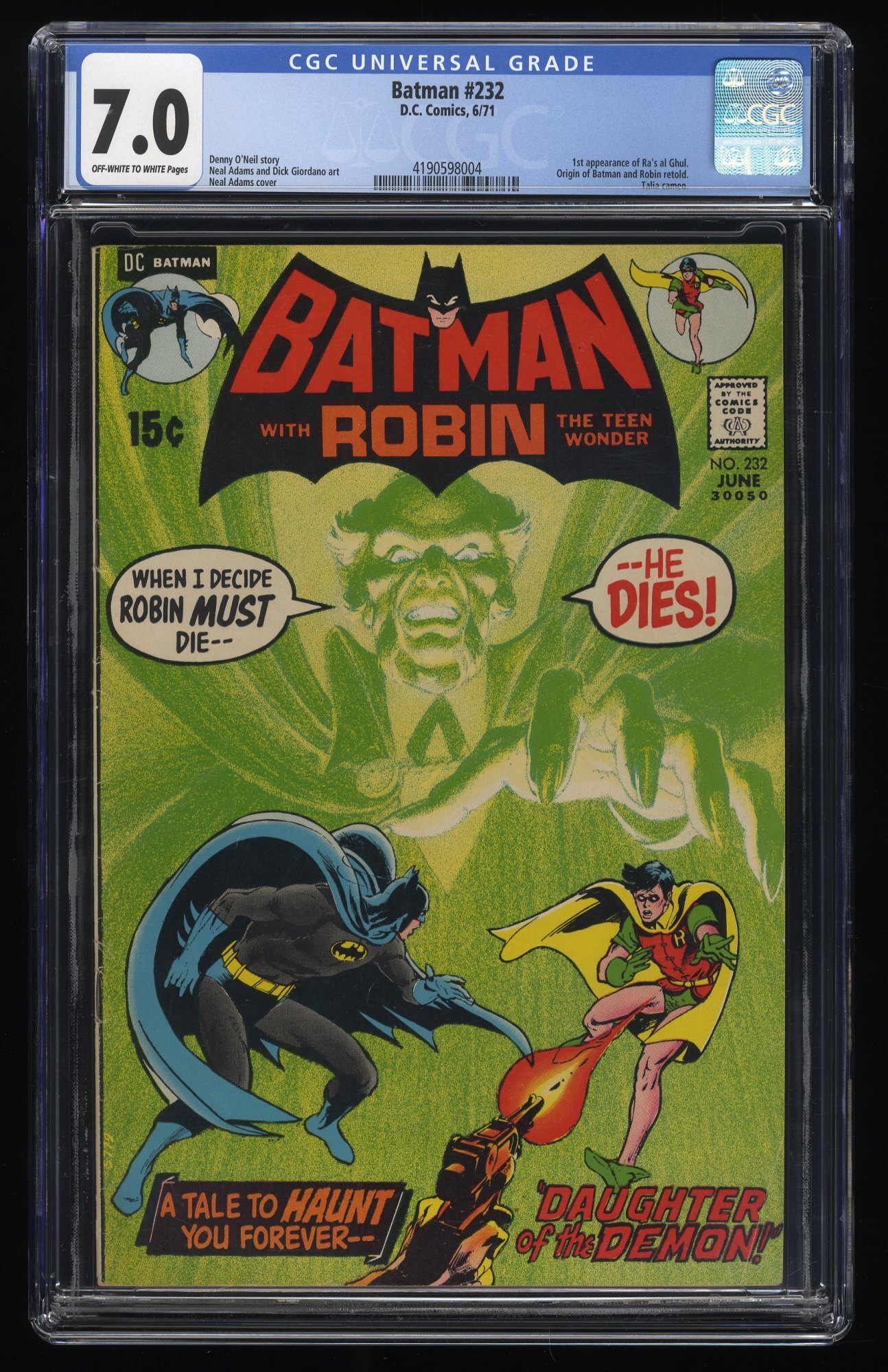 Batman #232 CGC FN/VF 7.0 1st Appearance Ra's al Ghul! Neal Adams ...