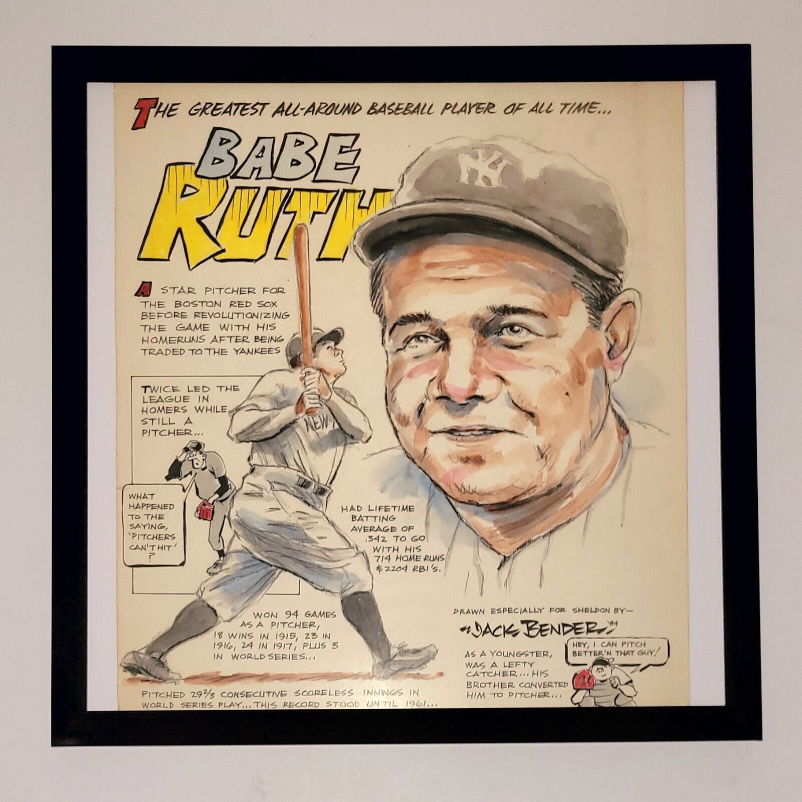 Original BABE RUTH Jack Bender Color Art Rare 1 of 1 NEW YORK YANKEES ...