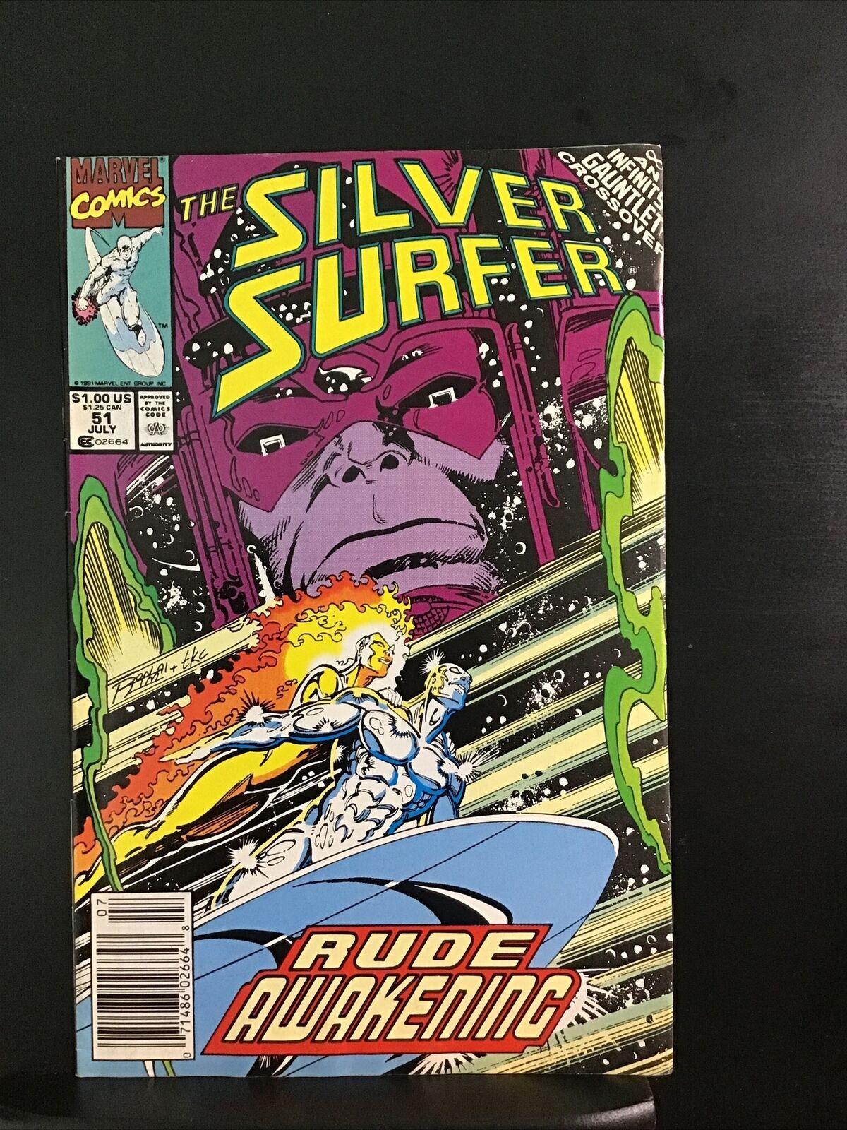 Silver Surfer 51, NM- (9.2) 1991 Infinity Gauntlet crossover! Thanos ...