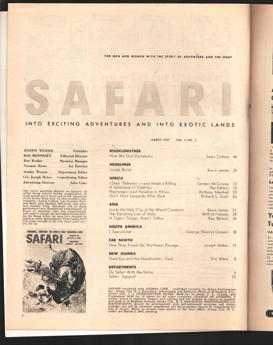 Safari 9/1957-Doug Allen Rhino attack cover-Headhunters-cannibals ...