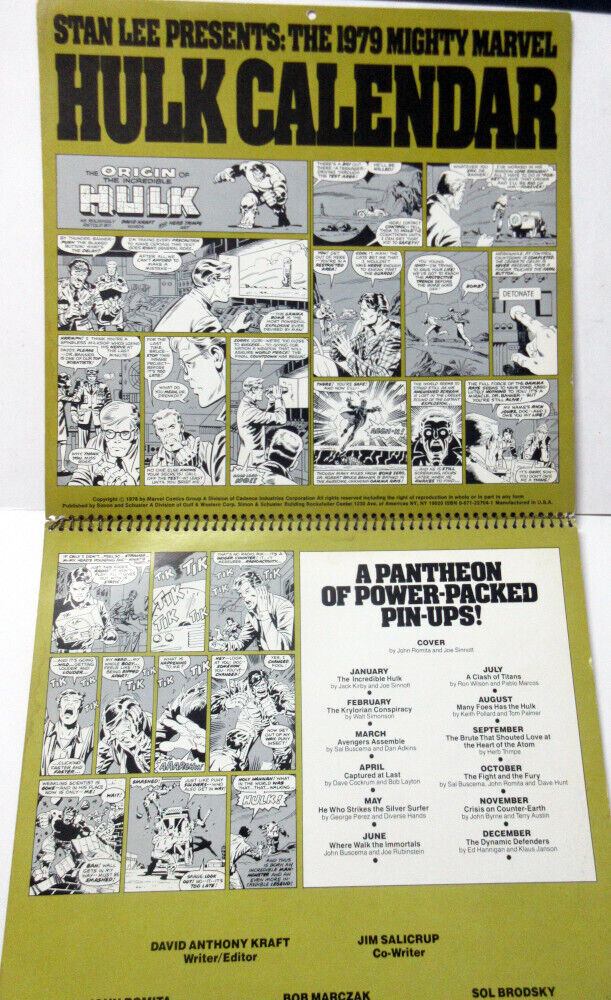 1979 Calendar The Incredible Hulk Mighty Marvel Comics Stan Lee Vintage ...