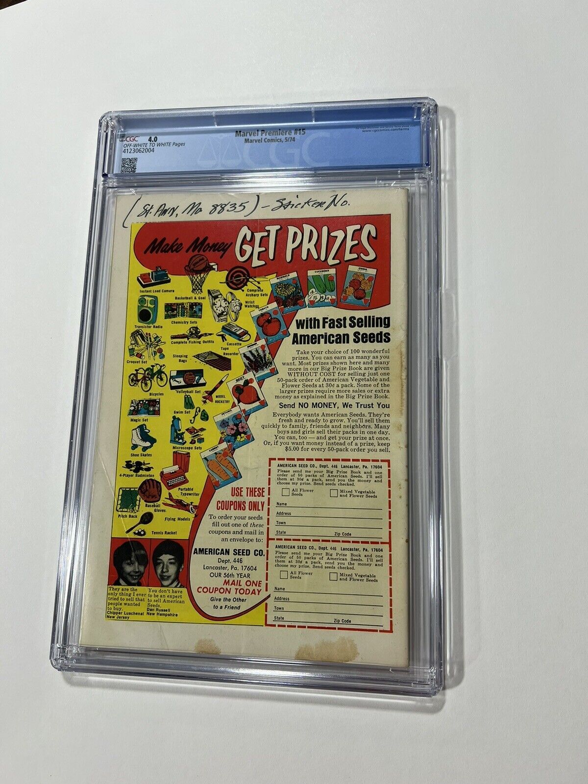 Marvel Premiere 15 cgc 4.0 ow/w pages Marvel 1974 (004) writing on rear ...