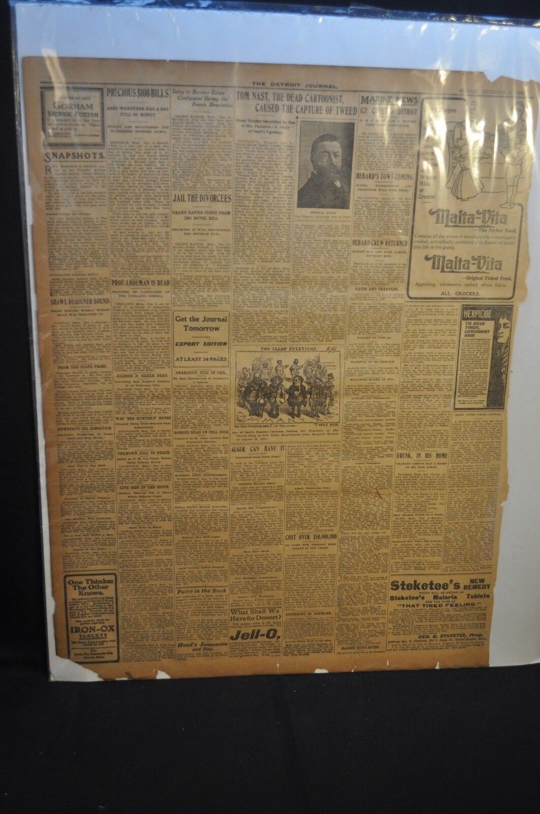Newspaper Clipping The Detroit Journal Mon Dec 8 1902 "Dead Cartoonist ...