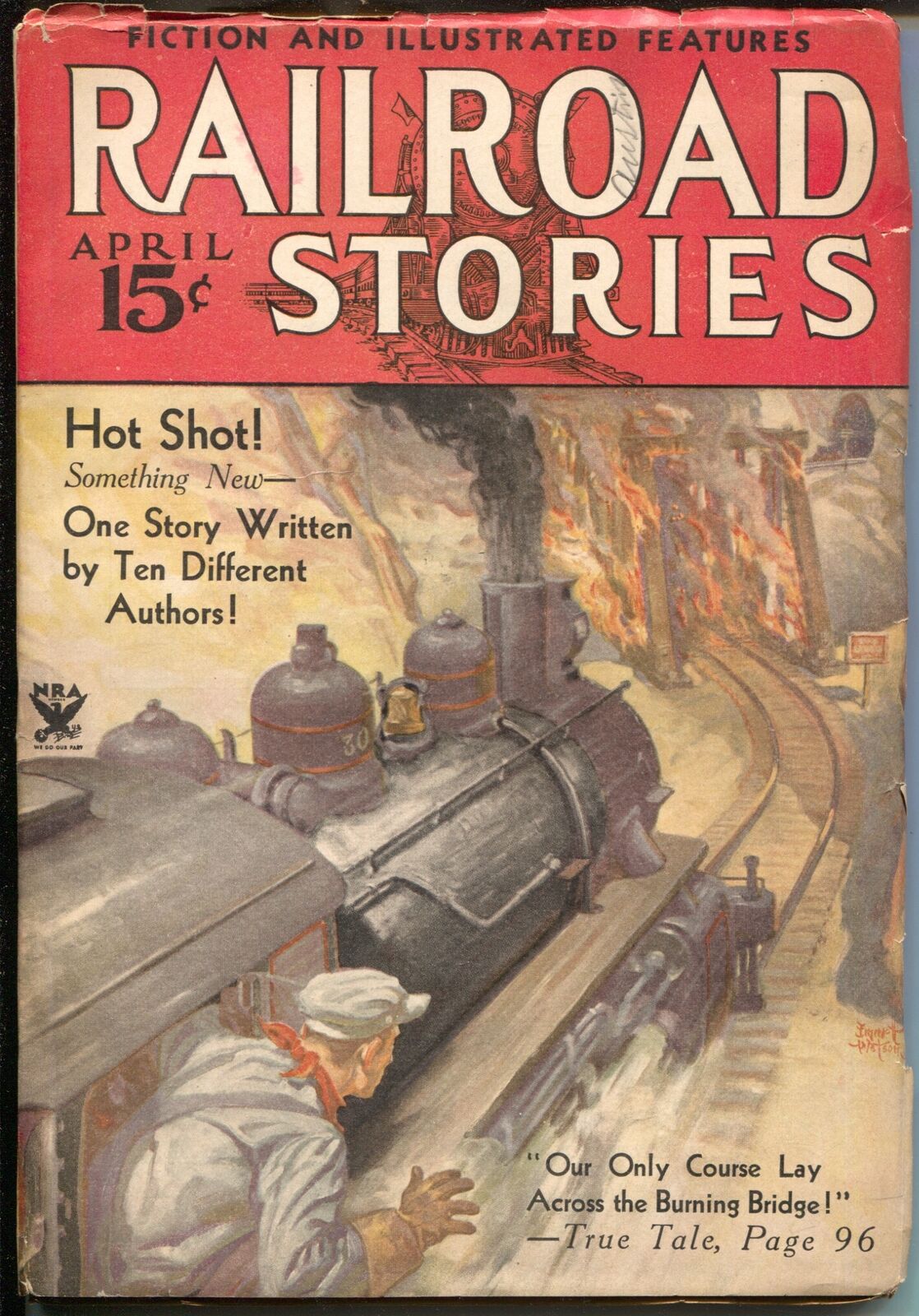 Railroad Stories 4/1934-Munsey-flaming bridge train crash-pulp thrills ...