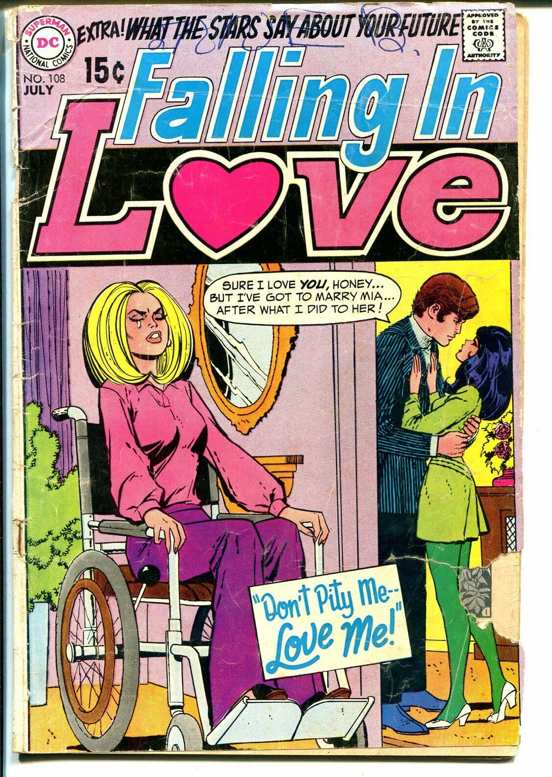 Falling In Love #108 1968-DC-handicapped girl-wheel chair-rare-G ...