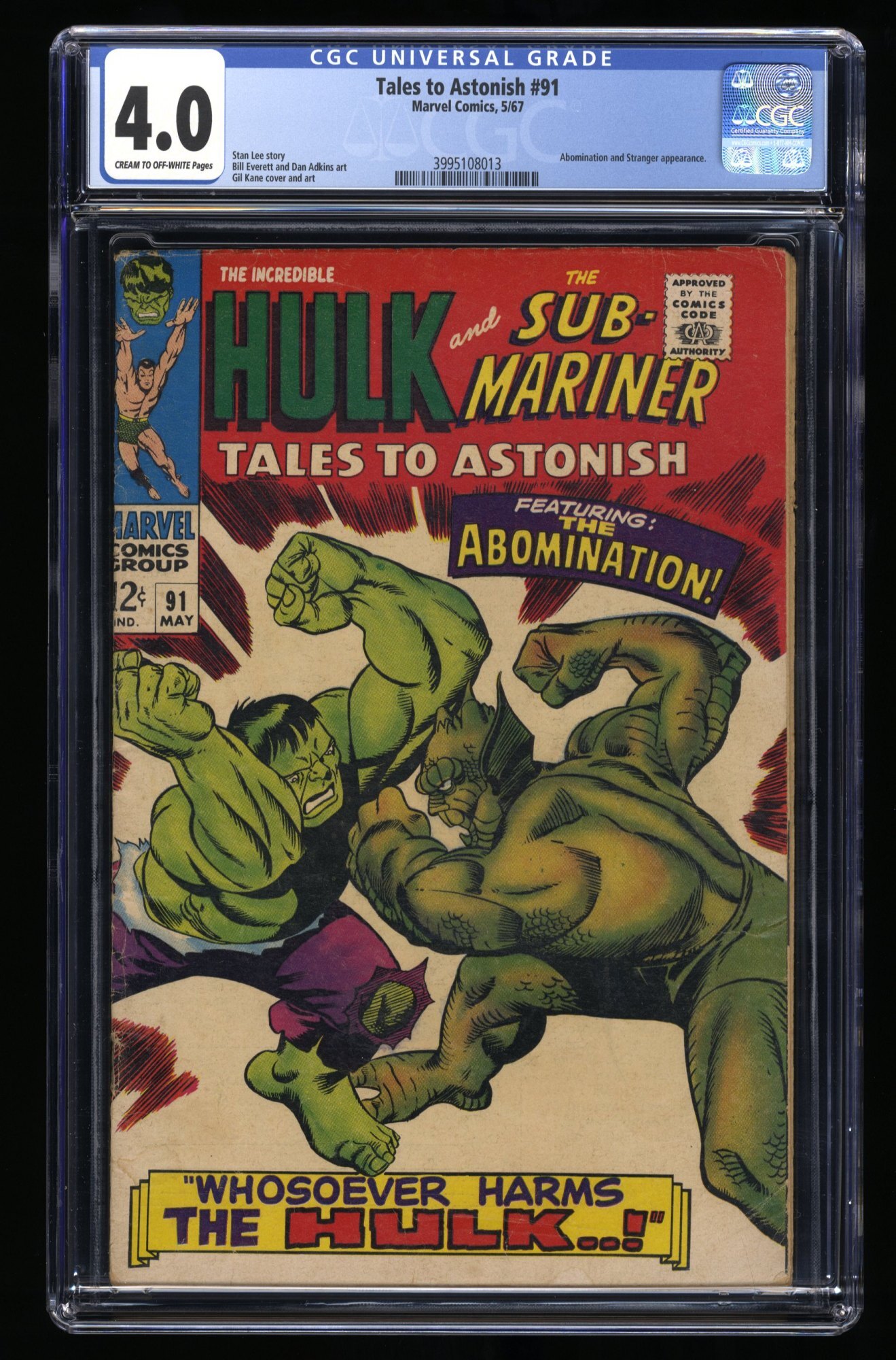 Tales To Astonish #91 CGC VG 4.0 1st Abomination Cover! Hulk! Sub ...