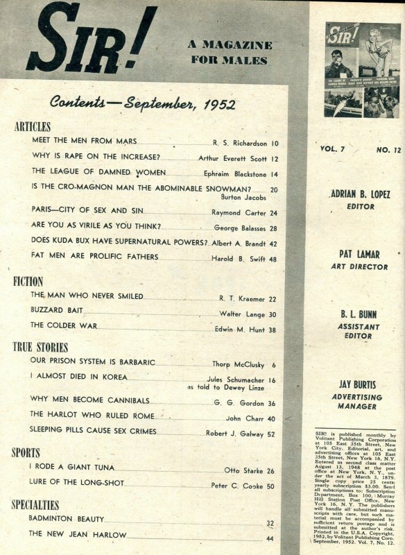 Sir! Magazine September 1952-JEAN WILLIAMS-CANNIBALISM-MARTIANS FN ...