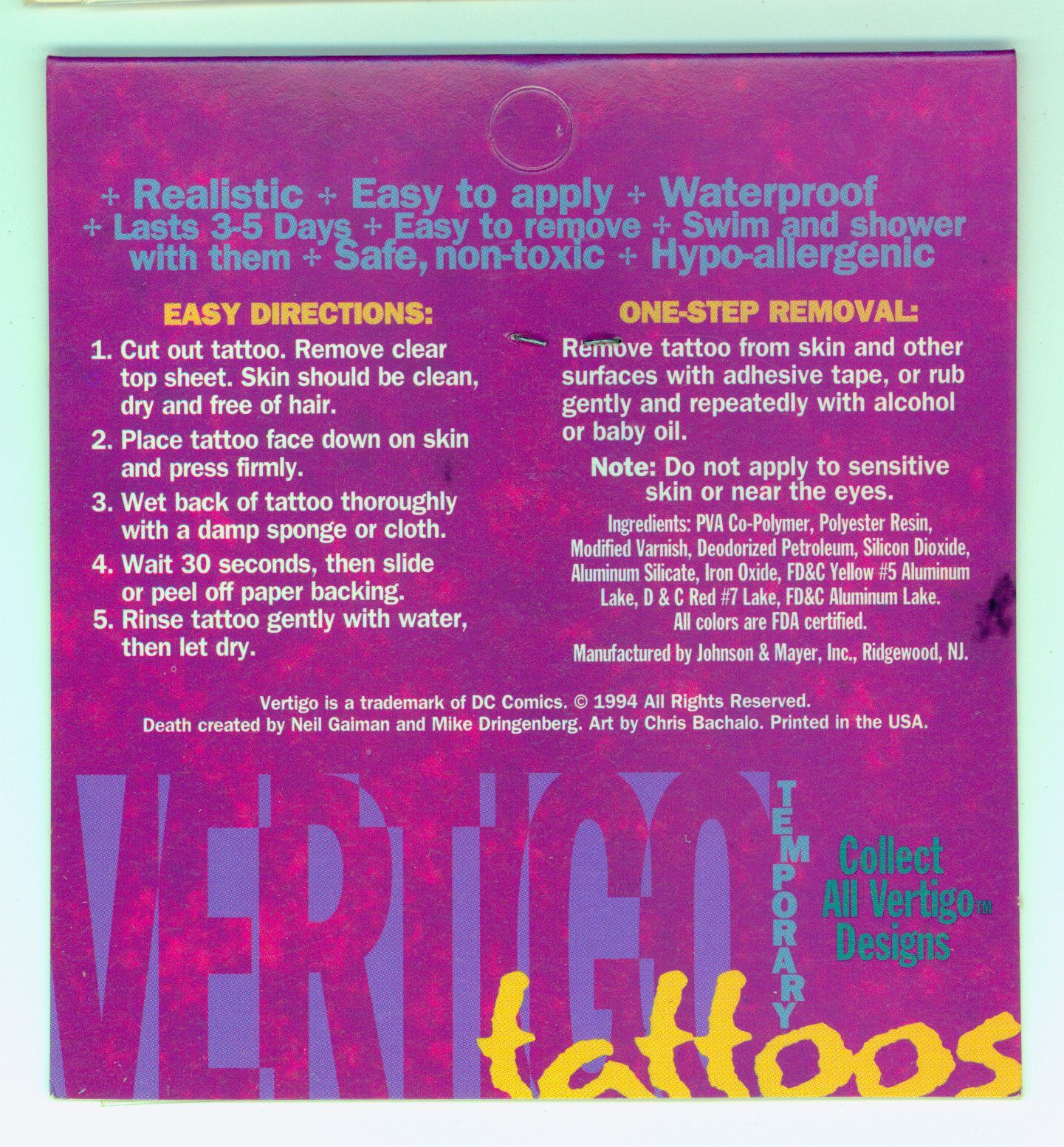DC Vertigo Death Temporary Tattoos 1994 Still Sealed, Neil Gaiman ...