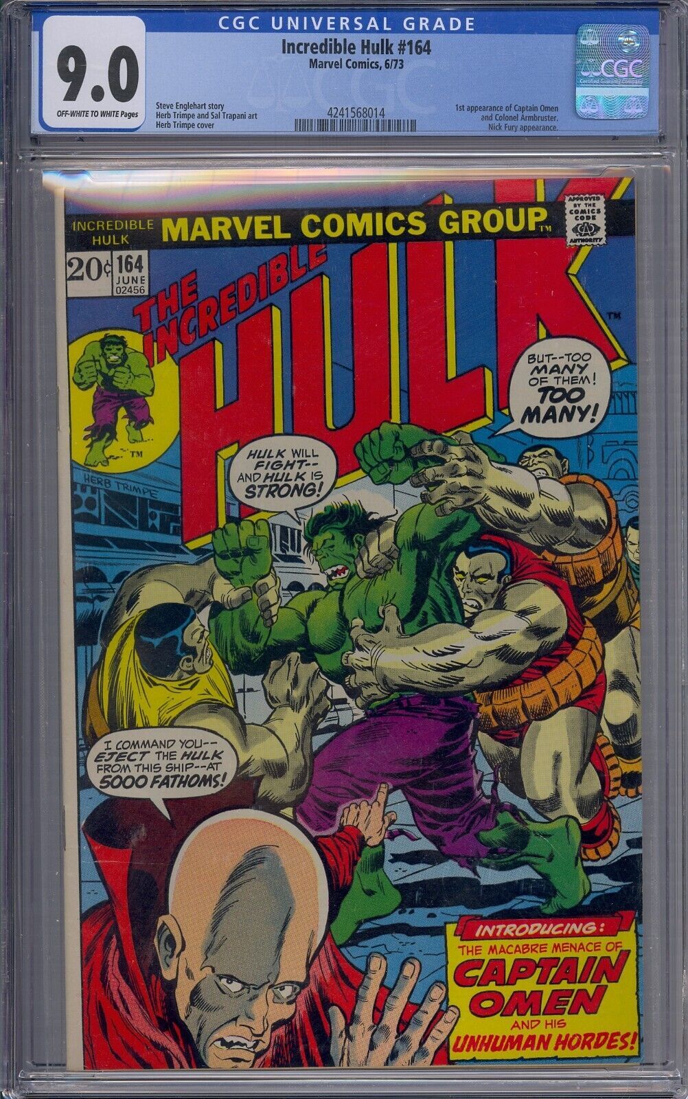Incredible Hulk #164 CGC 9.0 1st Captain Omen Colonel Armbruster Nick ...