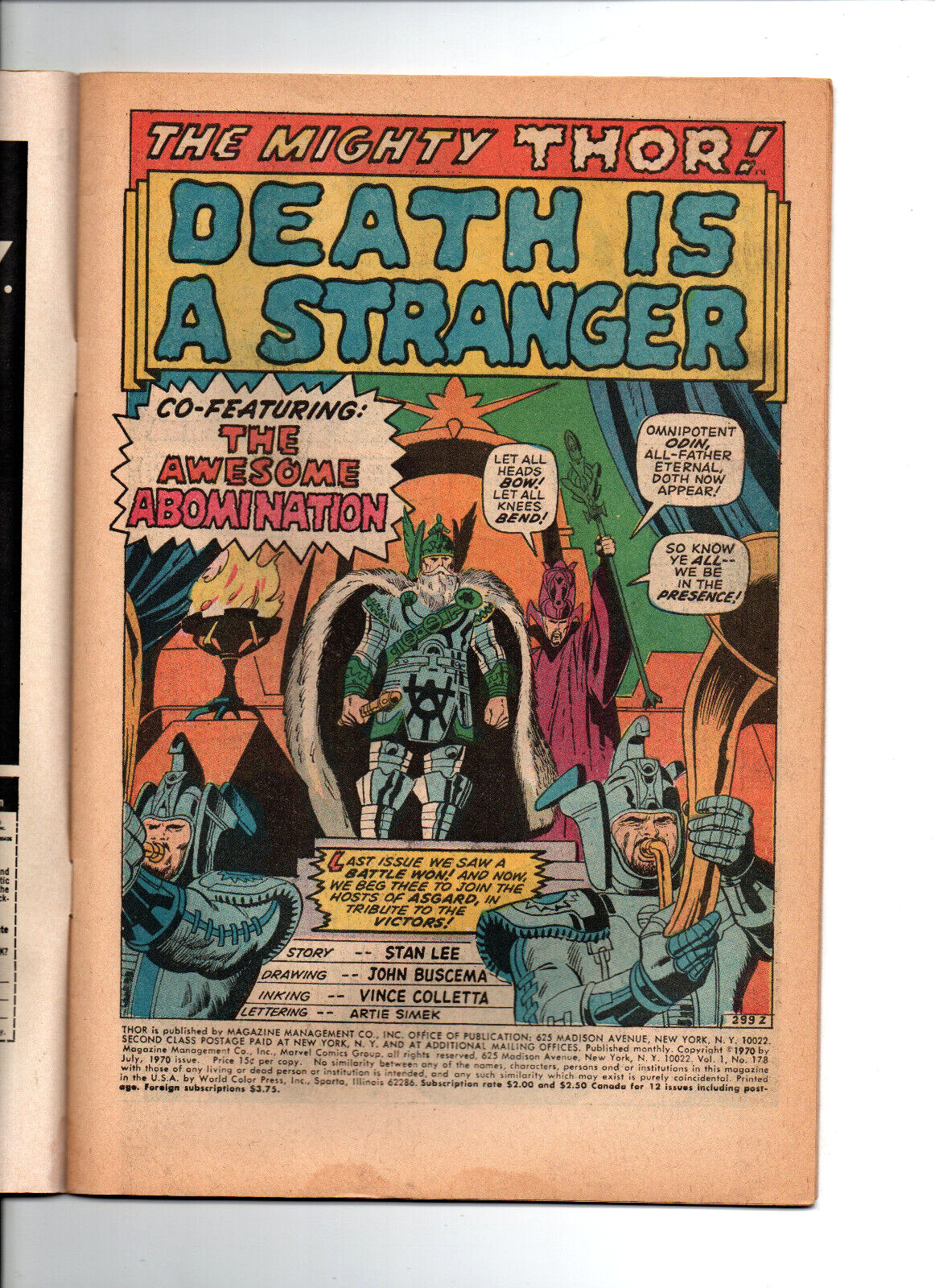 The Mighty Thor #178 - The Abomination - The Stranger - Buscema - 1970 - FN/VF | Comic Books ...