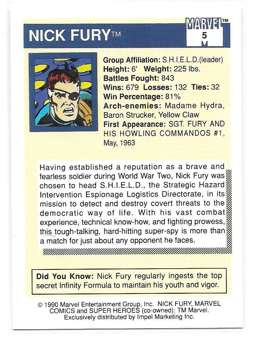 1990 Marvel Super Heroes Trading Card Series 1 Impel - Nick Fury #5 NM+ ...
