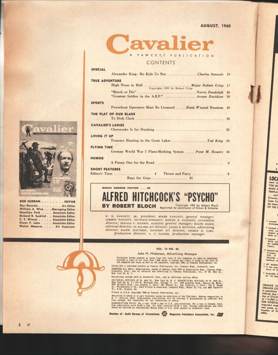 Cavalier Magazine 8/1960-Hitchcock's Psycho-Robert Bloch-Dick Clark ...